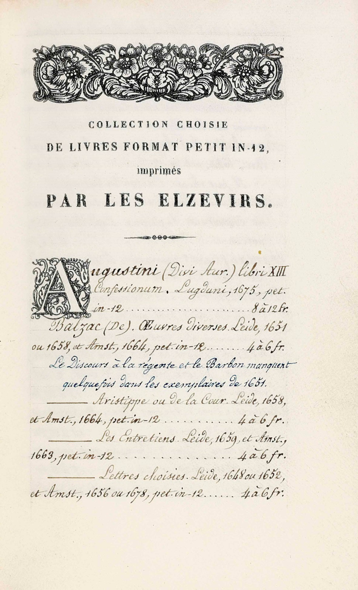 ELZEVIER -- Collection choisie de livres format petit in-12, imprimés ...