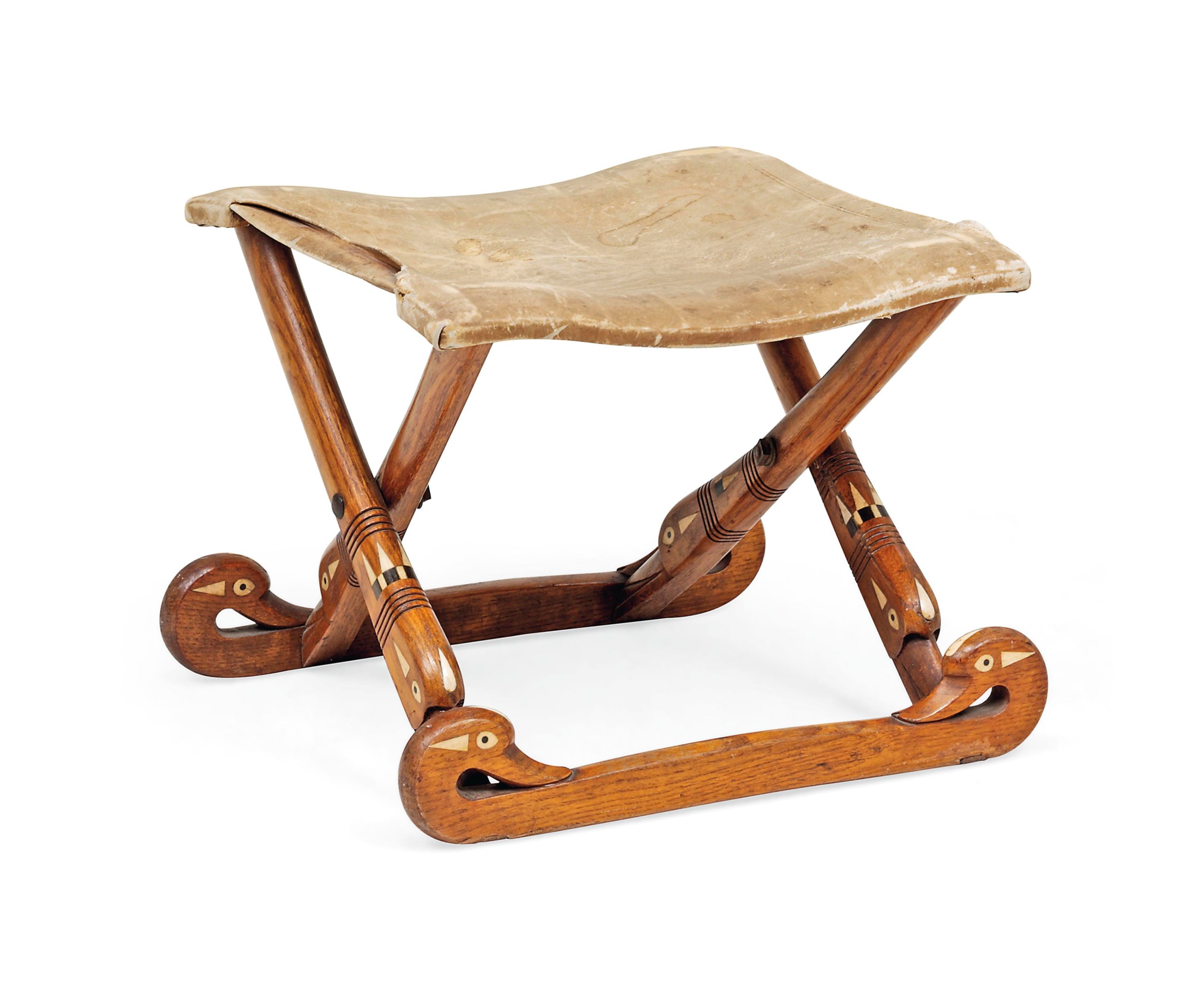AN EGYPTIAN REVIVAL IVORY AND EBONY INLAID FOLDING STOOL
