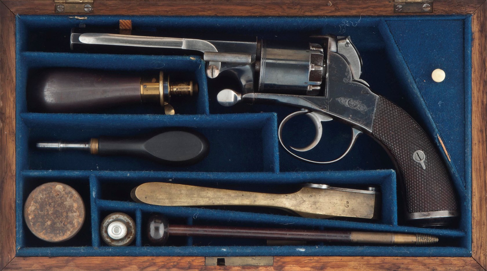 A CASED 80-BORE FIVE-SHOT SELF-COCKING PERCUSSION REVOLVER OF BENTLEY ...