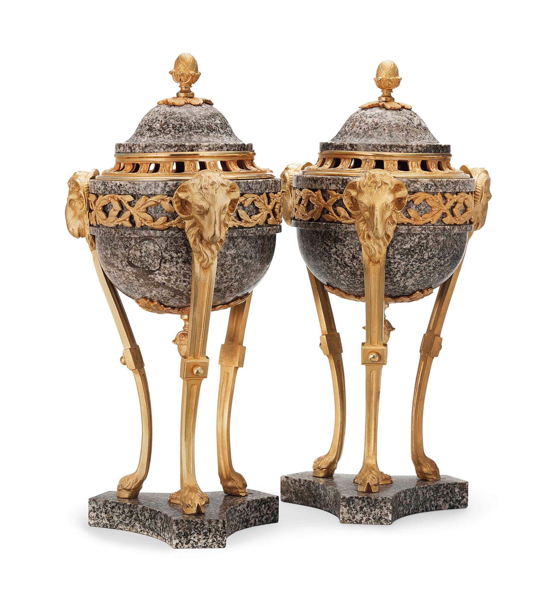 A PAIR OF GILT-BRONZE MOUNTED MARBLE CASSOLETTES