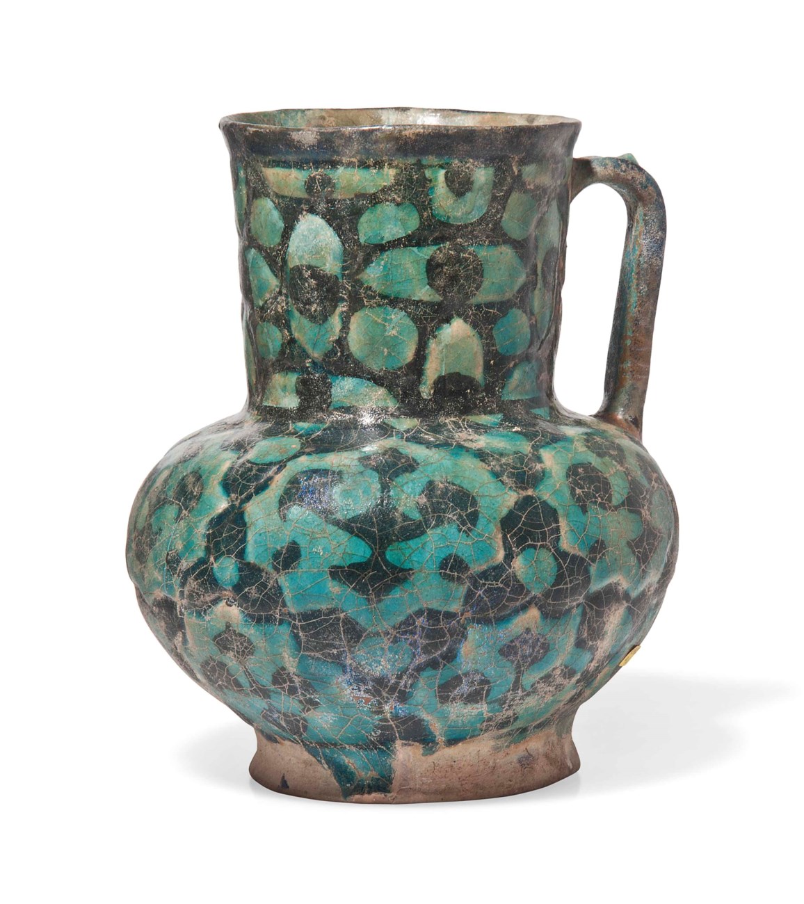 A KASHAN MOULDED TURQUOISE-BLUE GLAZED POTTERY JUG , CENTRAL IRAN, LATE ...