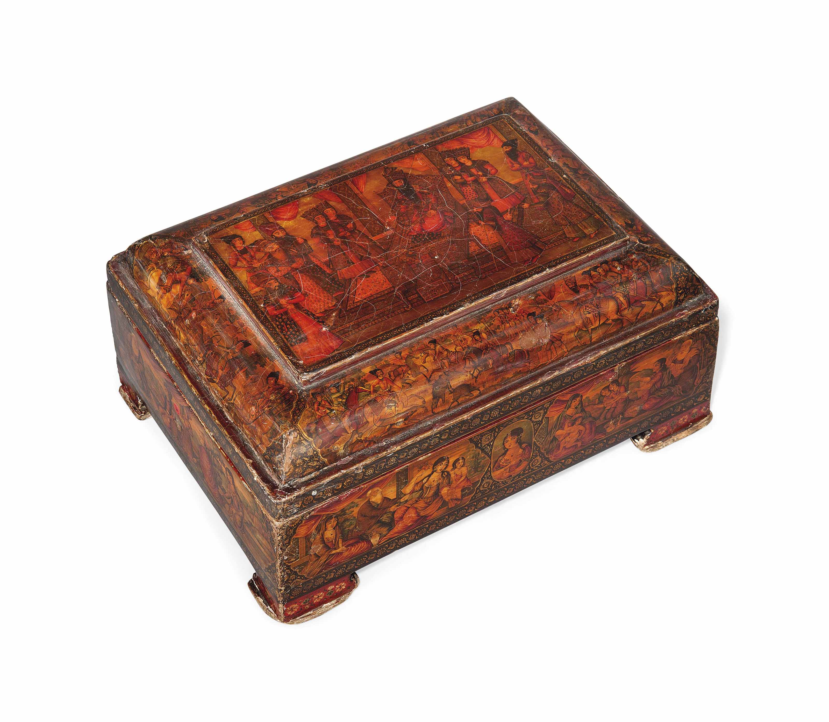 A QAJAR LACQUERED PAPIER-MÂCHÉ CASKET