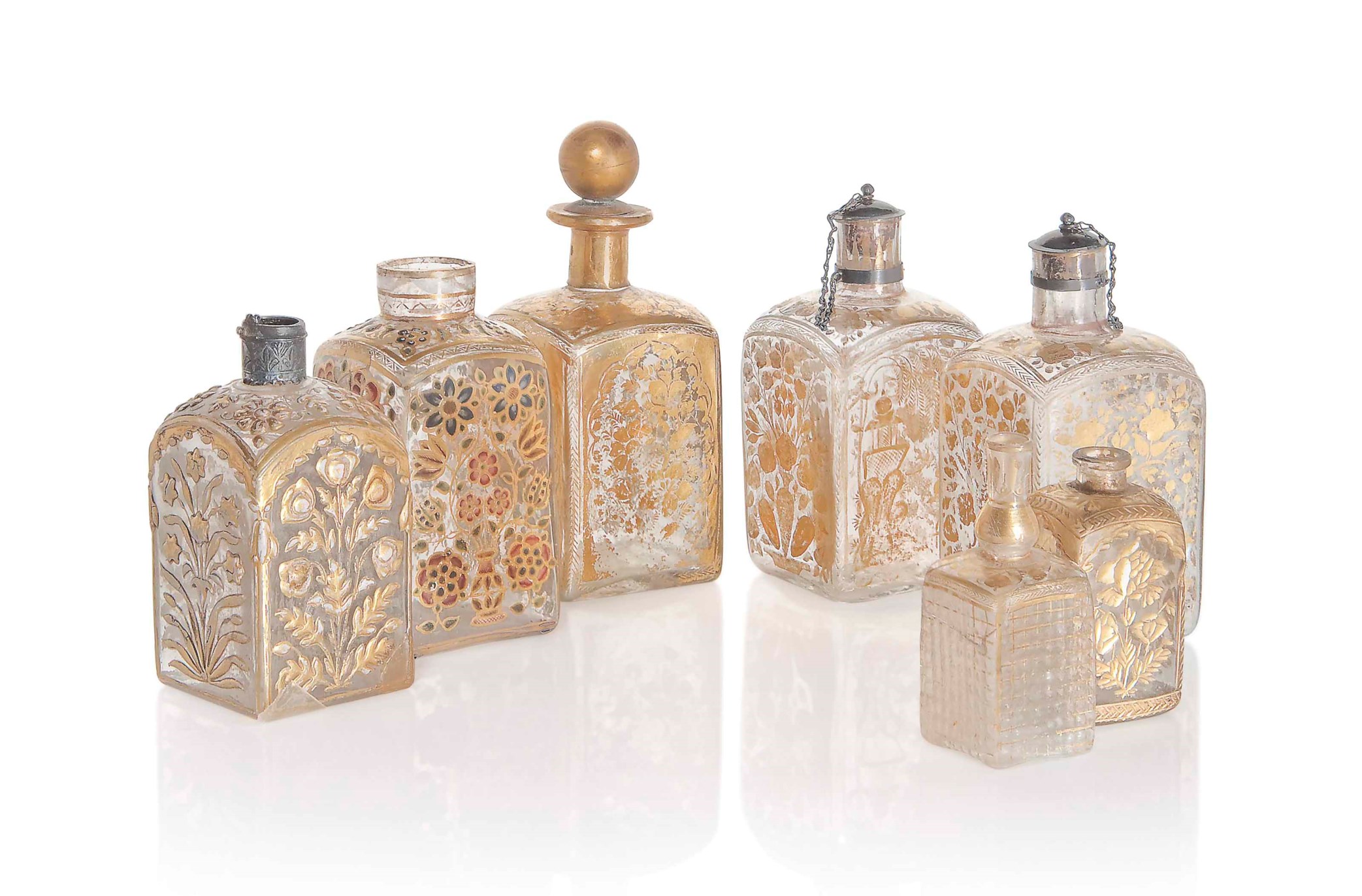 SEVEN MUGHAL GILT GLASS BOTTLES , PROBABLY GUJARAT, INDIA, 18TH CENTURY ...