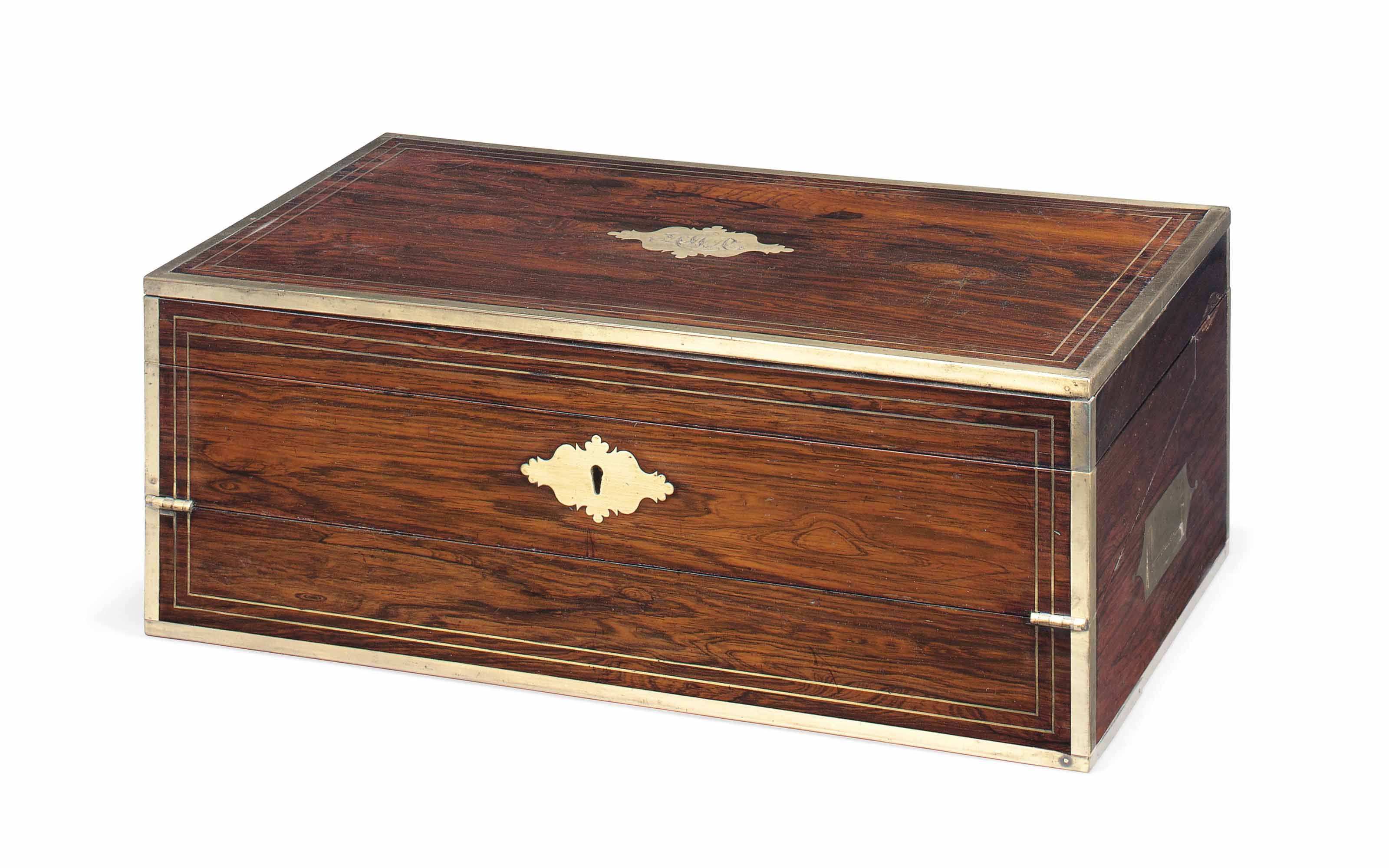 A REGENCY BRASS INLAID ROSEWOOD WRITING BOX