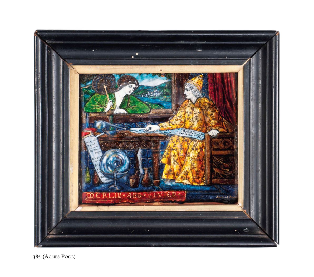 'MERLIN AND VIVIEN'. AN AGNES POOL ARTS AND CRAFTS ENAMELLED COPPER ...