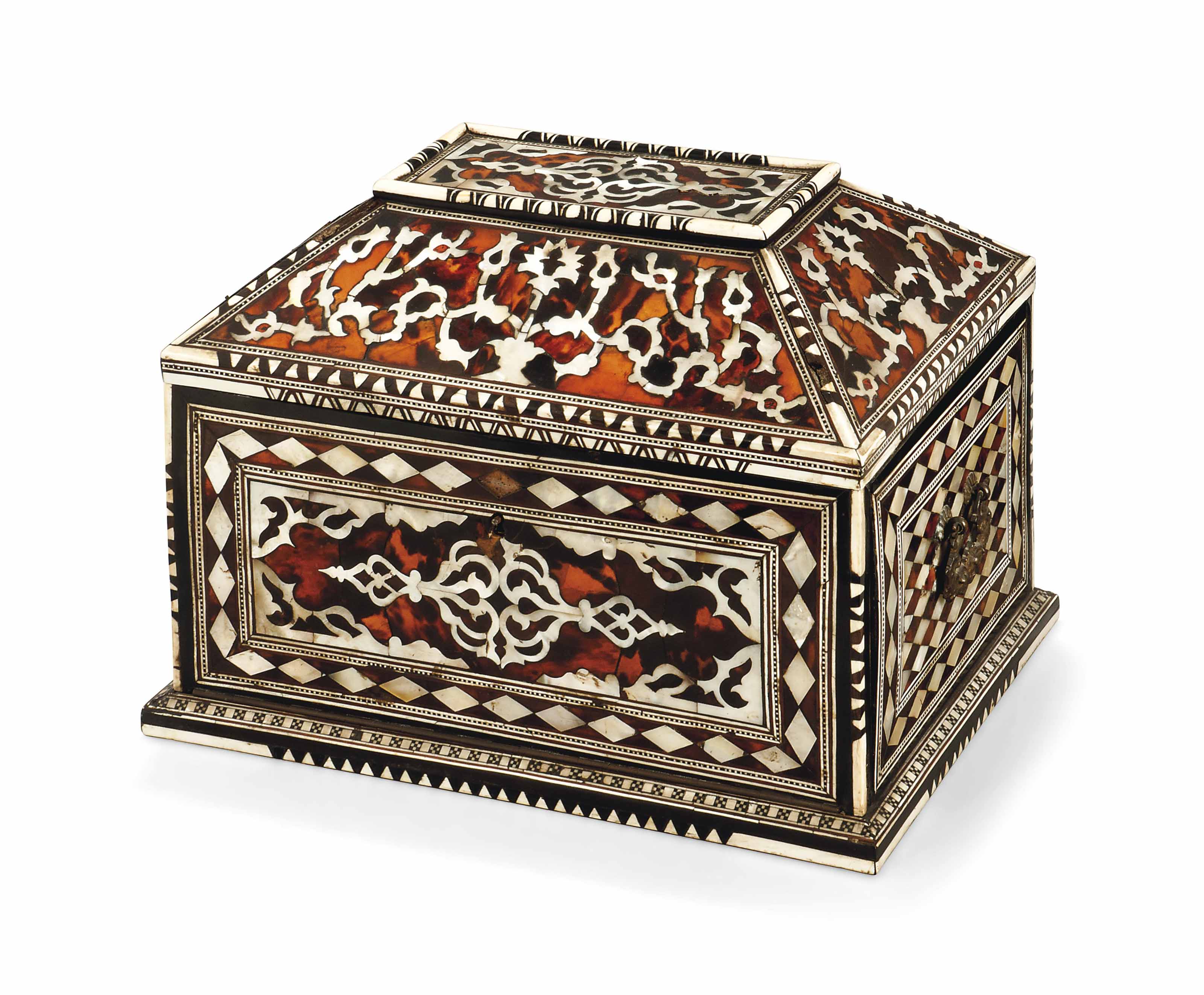 AN OTTOMAN TORTOISESHELL, MOTHER-OF-PEARL, EBONY AND IVORY-VENEERED CABINET