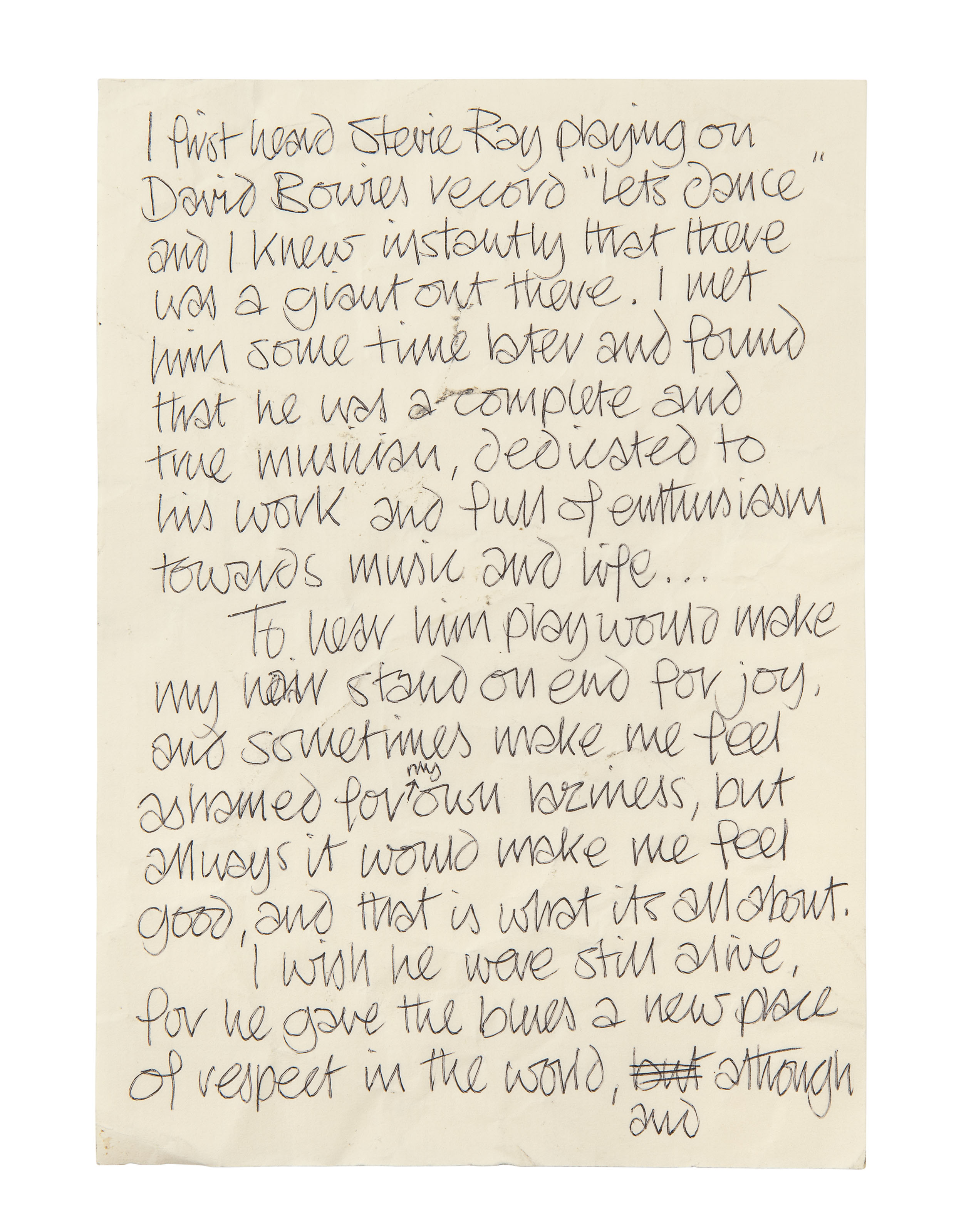 Eric Clapton, A handwritten tribute to Stevie Ray Vaughan | Christie’s