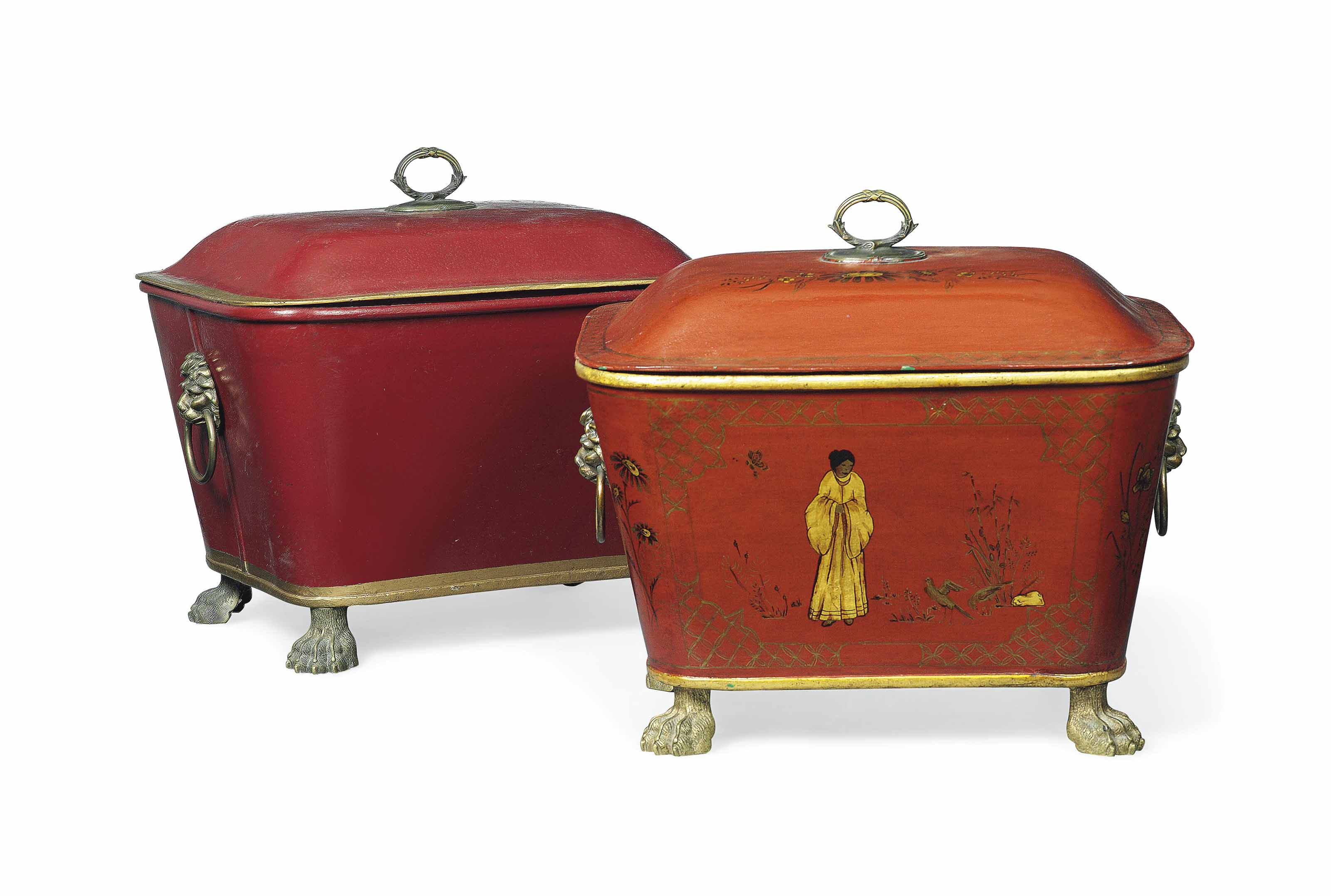 A PAIR OF PARCEL-GILT AND RED-PAINTED COAL BOXES