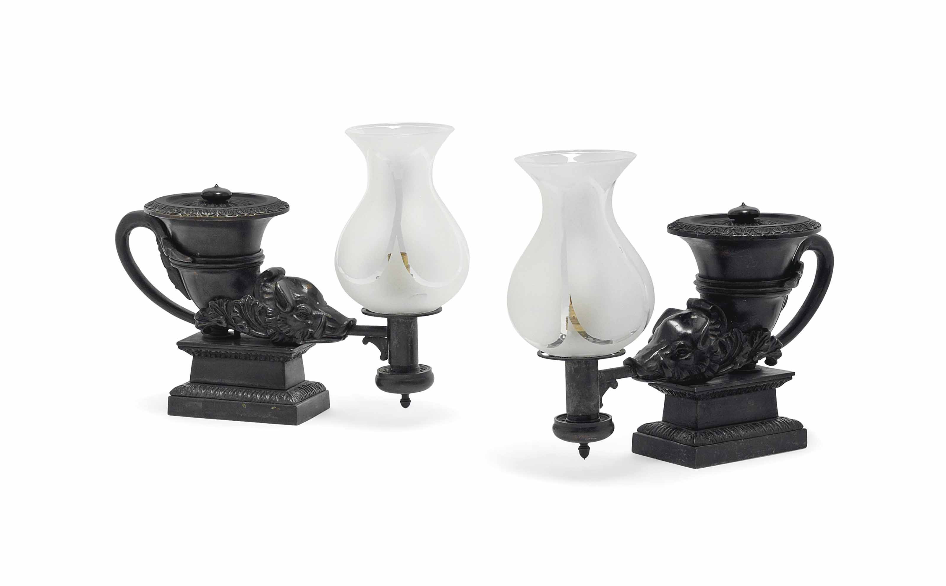 A PAIR OF REGENCY-STYLE BRONZE COLZA-OIL RHYTON LAMPS