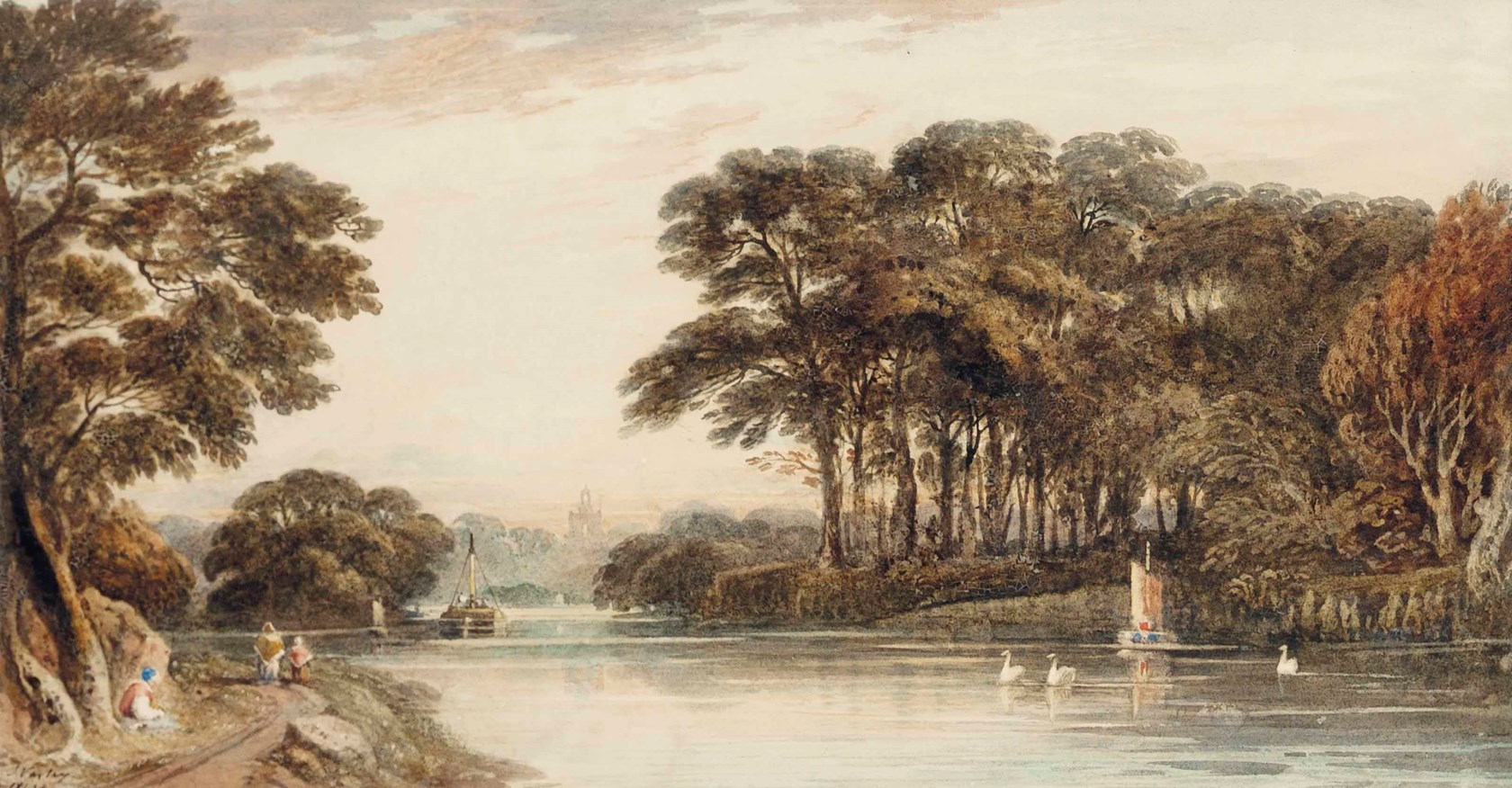 John Varley, O.W.S. (1778-1842) , On the upper reaches of the Thames ...