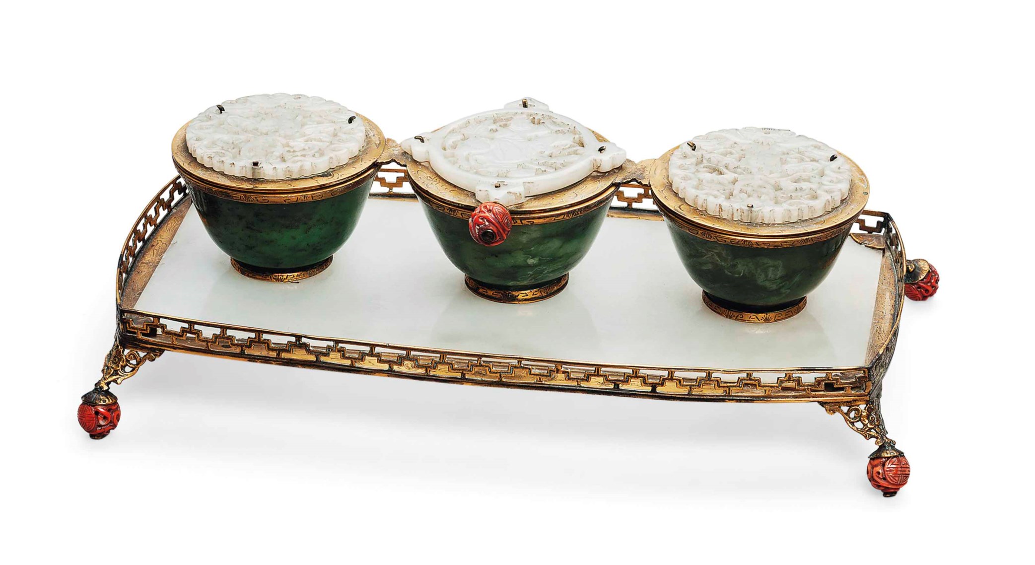 AN EDWARD I FARMER SILVER MOUNTED PALE CELADON JADE STAND WITH THREE ...