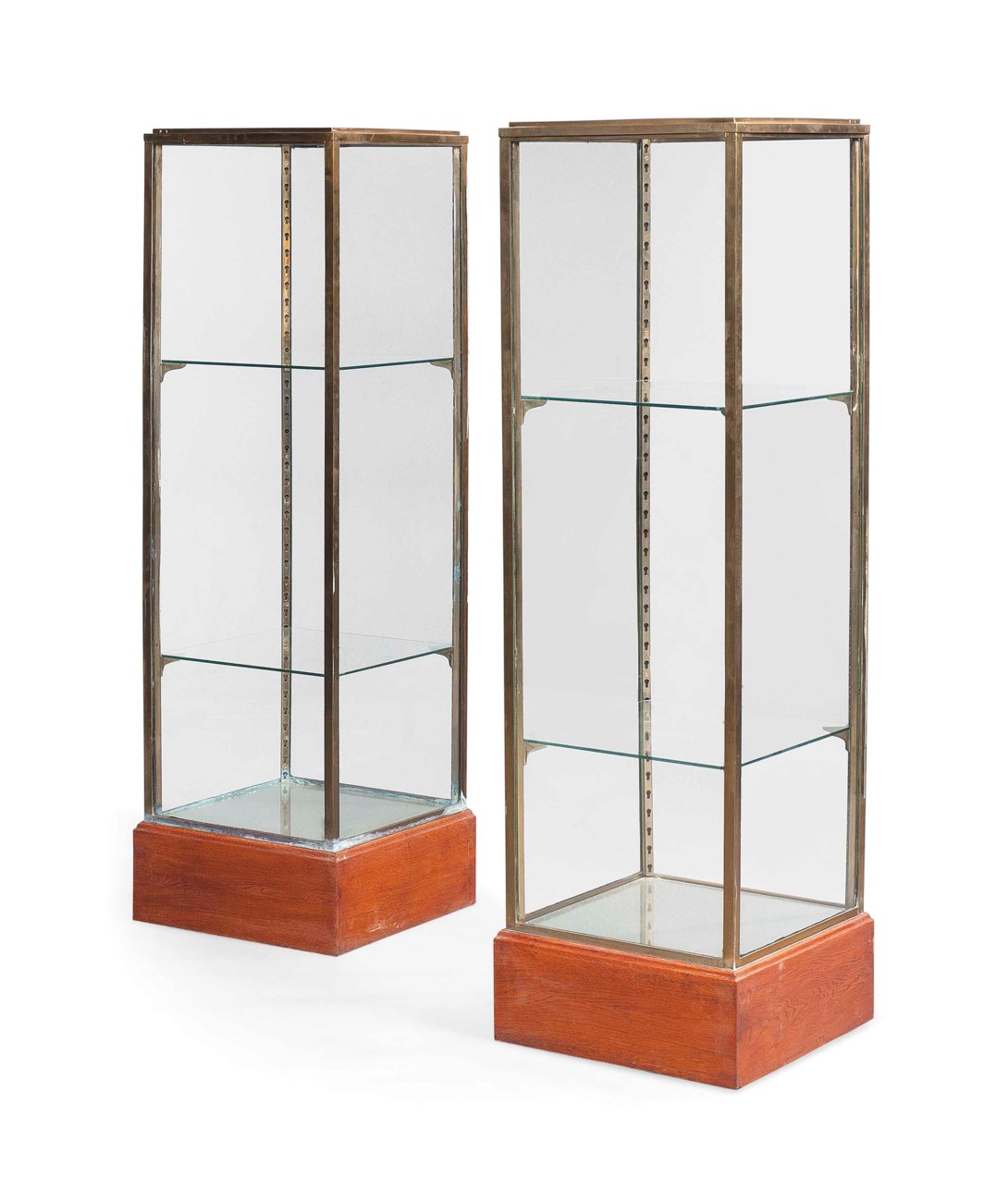 A PAIR OF BRASS AND GLASS DISPLAY CABINETS