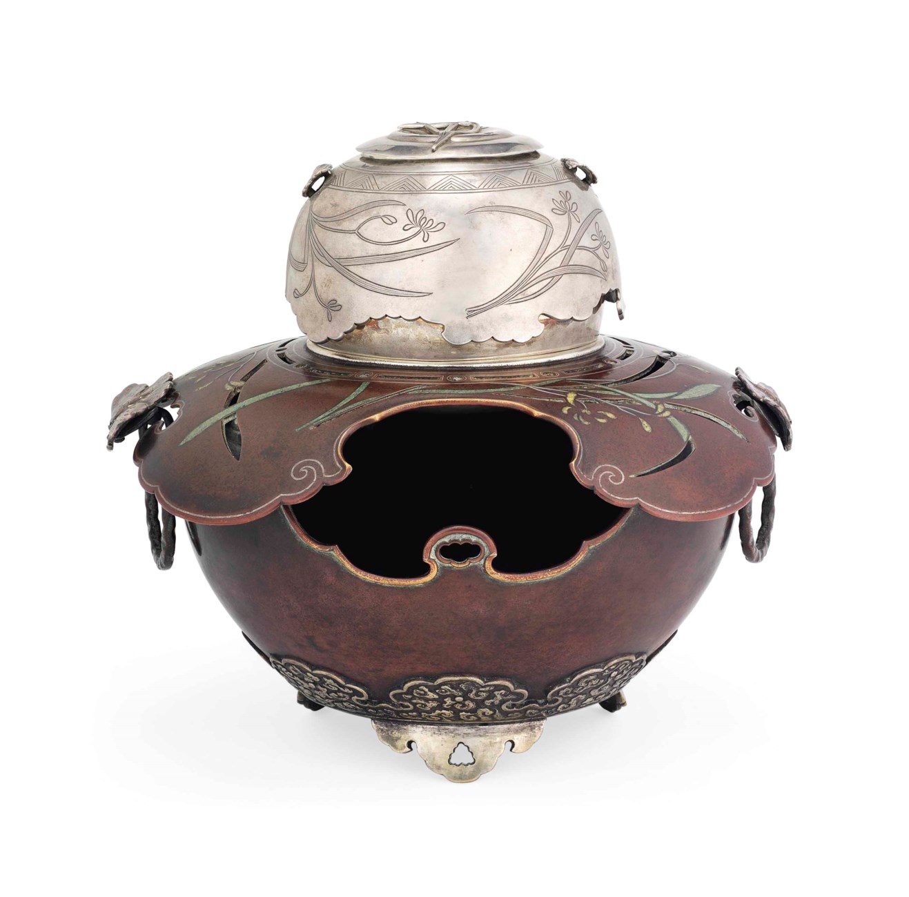 A Japanese Silver, Iron and Cloisonné Furo [Tea Brazier] , MEIJI PERIOD ...