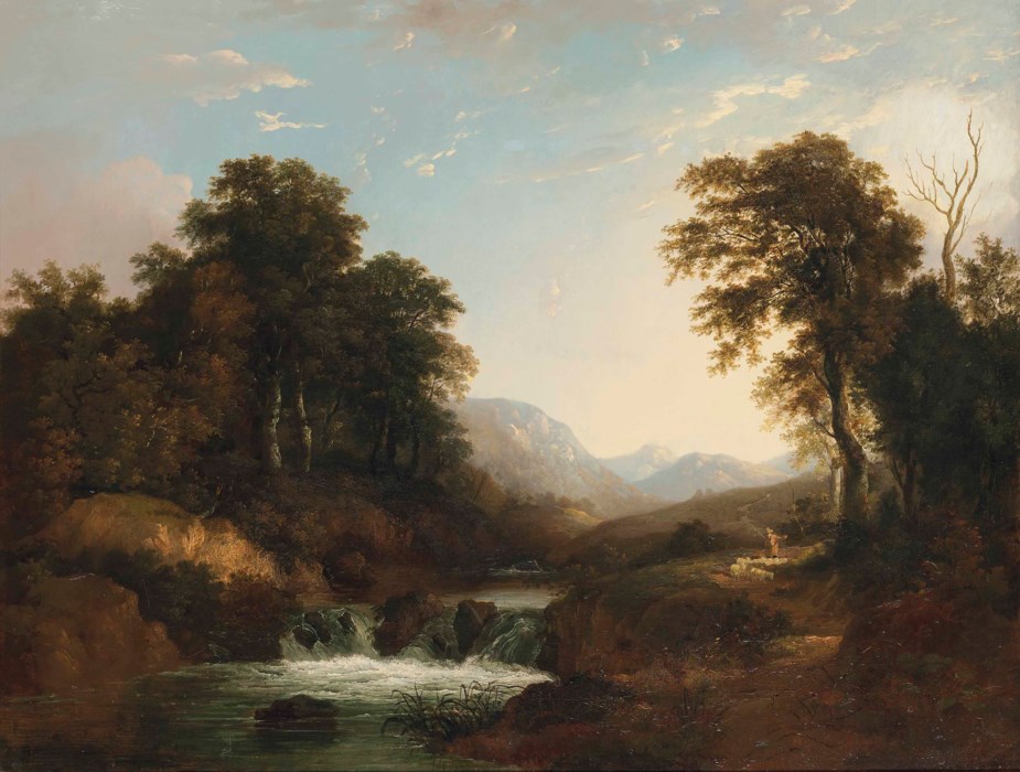 William Traies (1789-1872) , A shepherd and his flock by a river ...