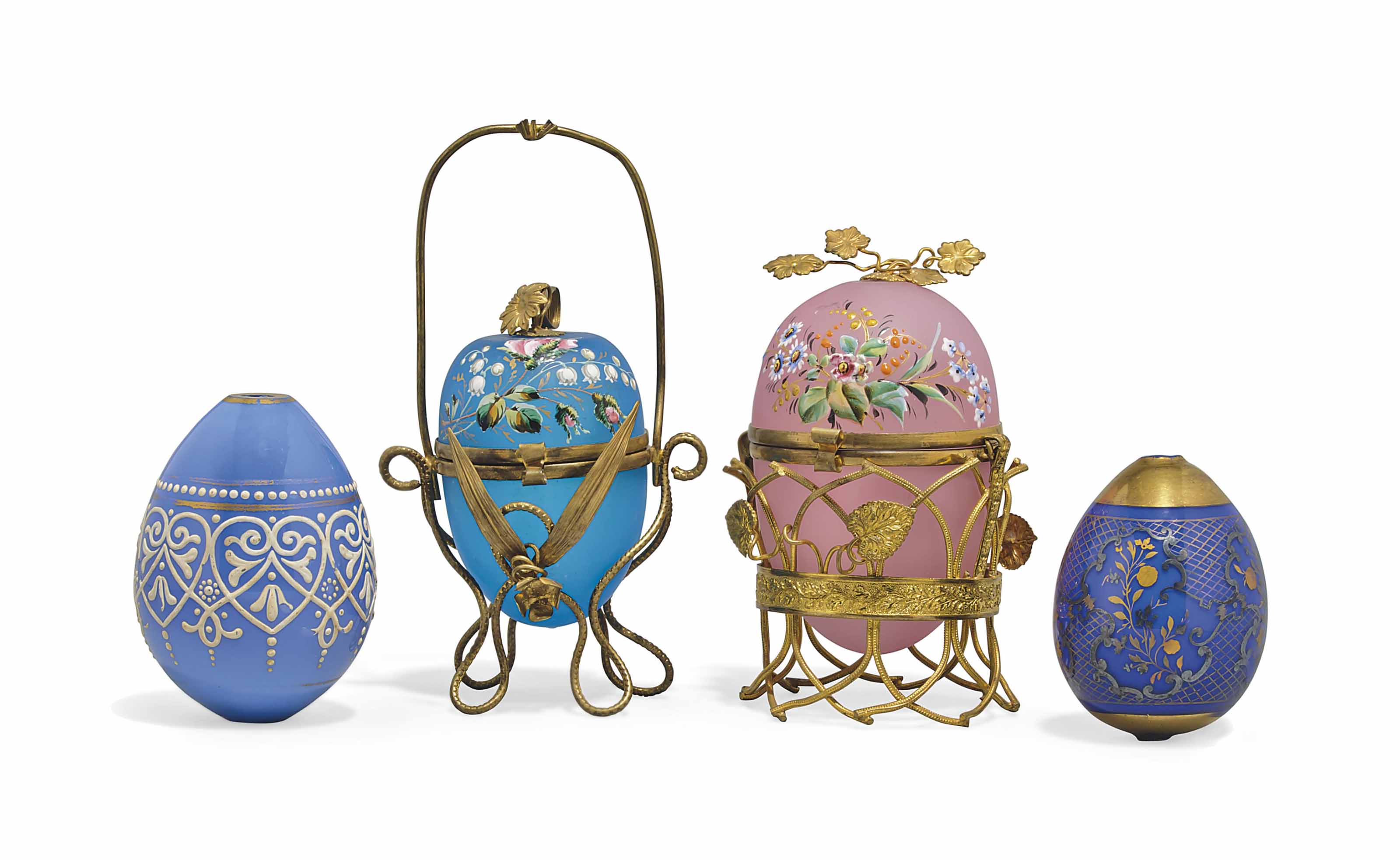 TWO RUSSIAN GLASS EASTER EGGS AND TWO GLASS BOXES