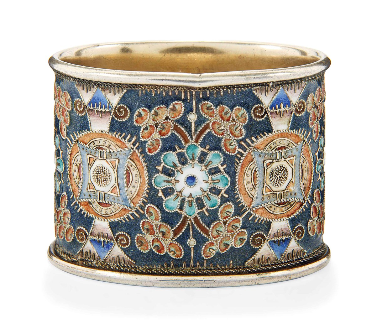A RUSSIAN SILVER AND CLOISONNE ENAMEL NAPKIN RING , MARK OF KARL ...