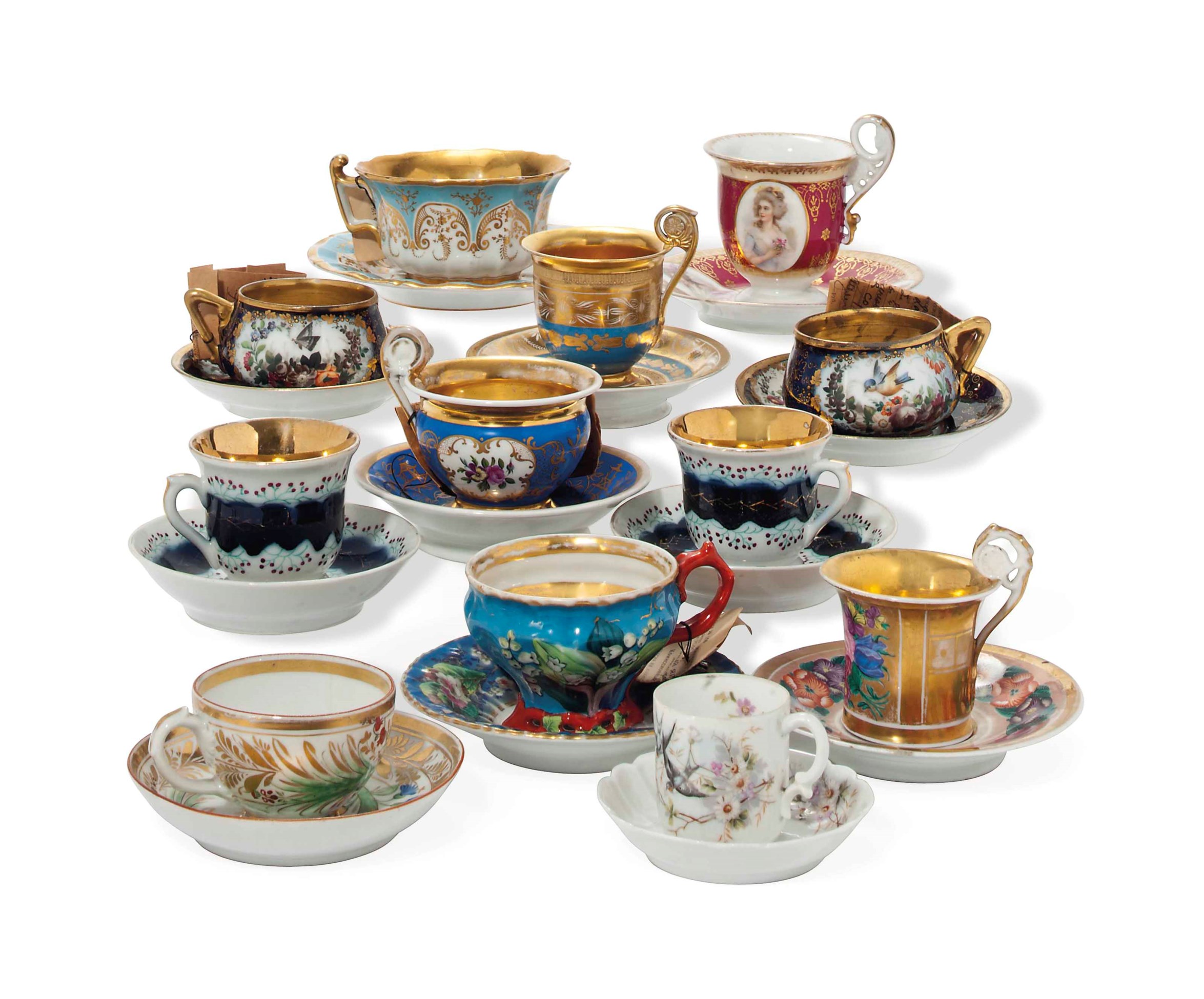 TWELVE RUSSIAN PORCELAIN CUPS AND SAUCERS , GARDNER, KORNILOV, POPOV ...