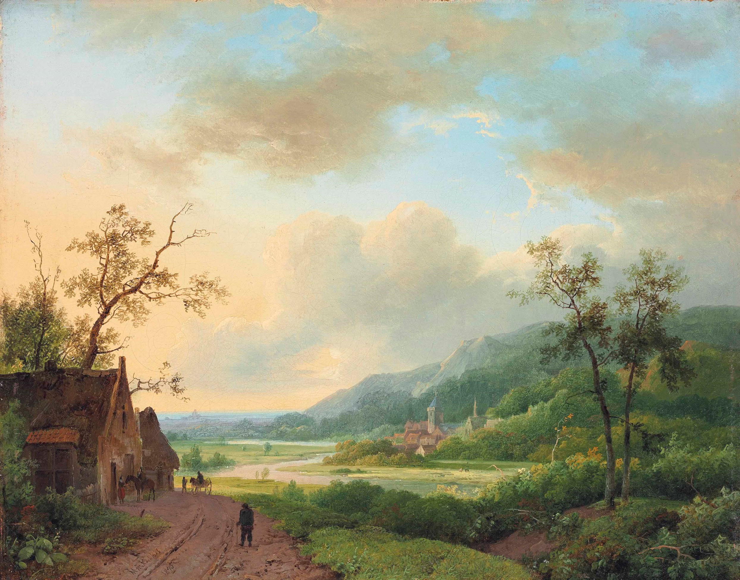 Marinus Adrianus Koekkoek (Dutch, 1807-1868) , Travellers on a ...