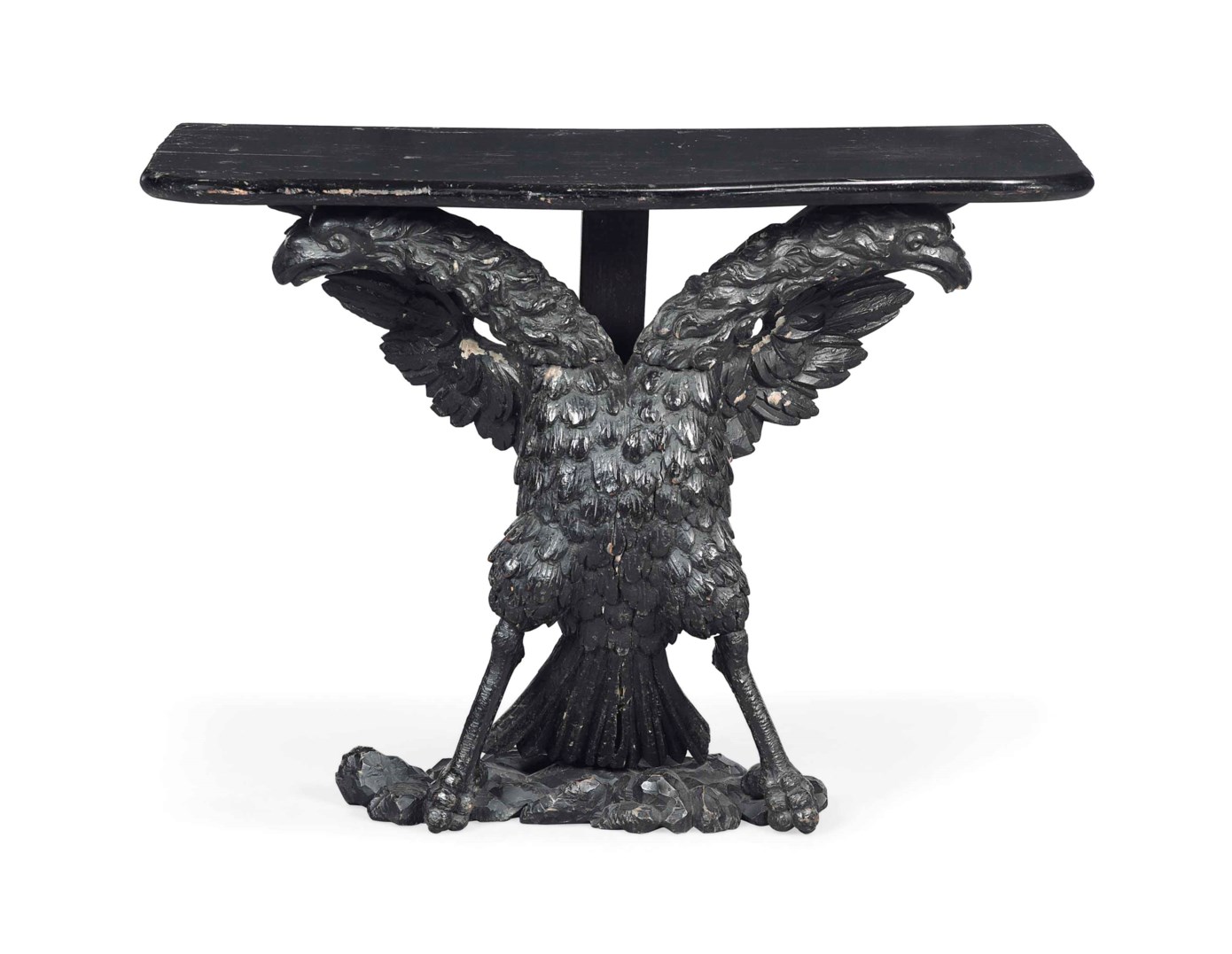 A CARVED BLACK PAINTED DOUBLE HEADED EAGLE CONSOLE TABLE , PROBABLY ...