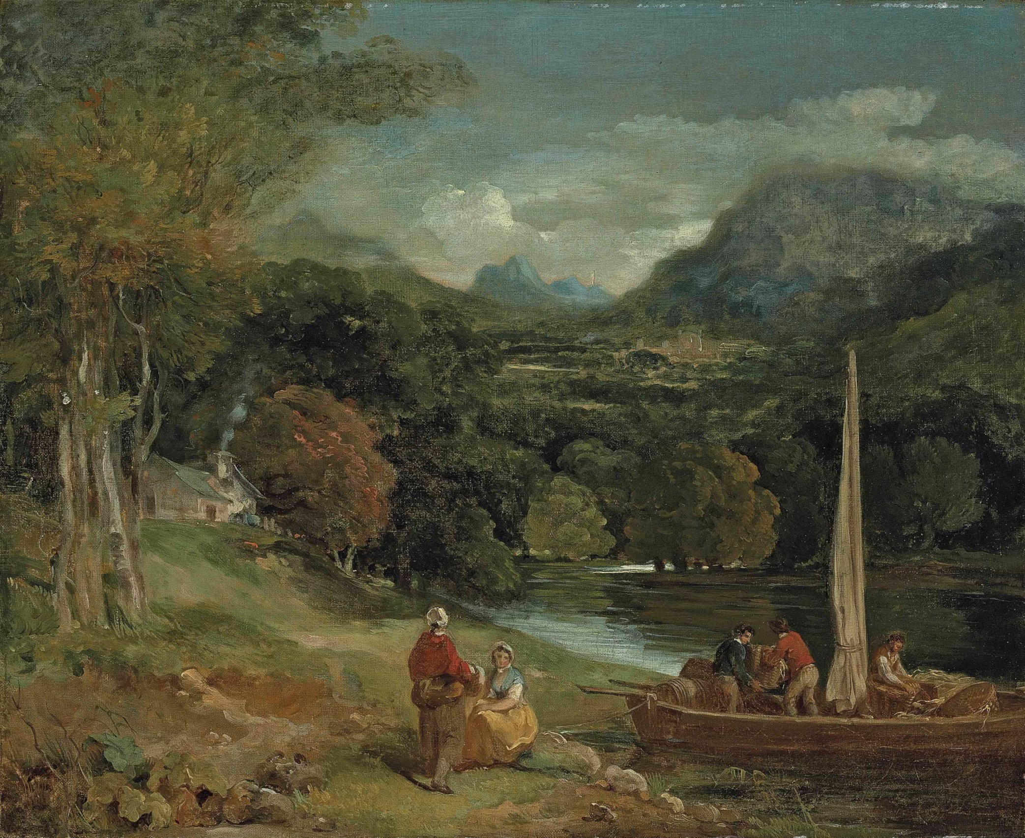 Francis Wheatley, R.A. (London 1747-1801) , A wooded river landscape ...