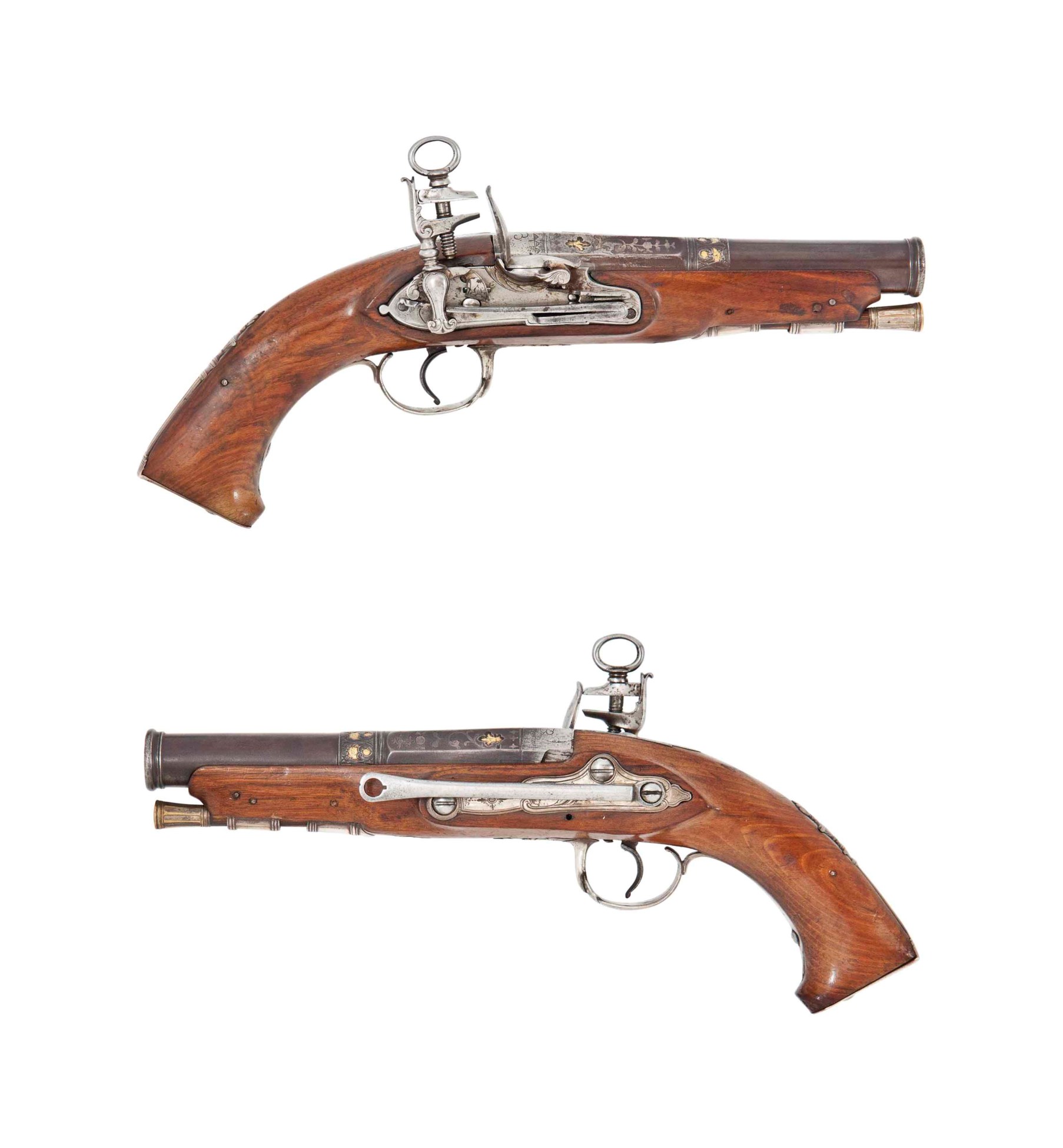 A PAIR OF SPANISH 13-BORE SILVER-MOUNTED MIQUELET-LOCK BELT-PISTOLS ...
