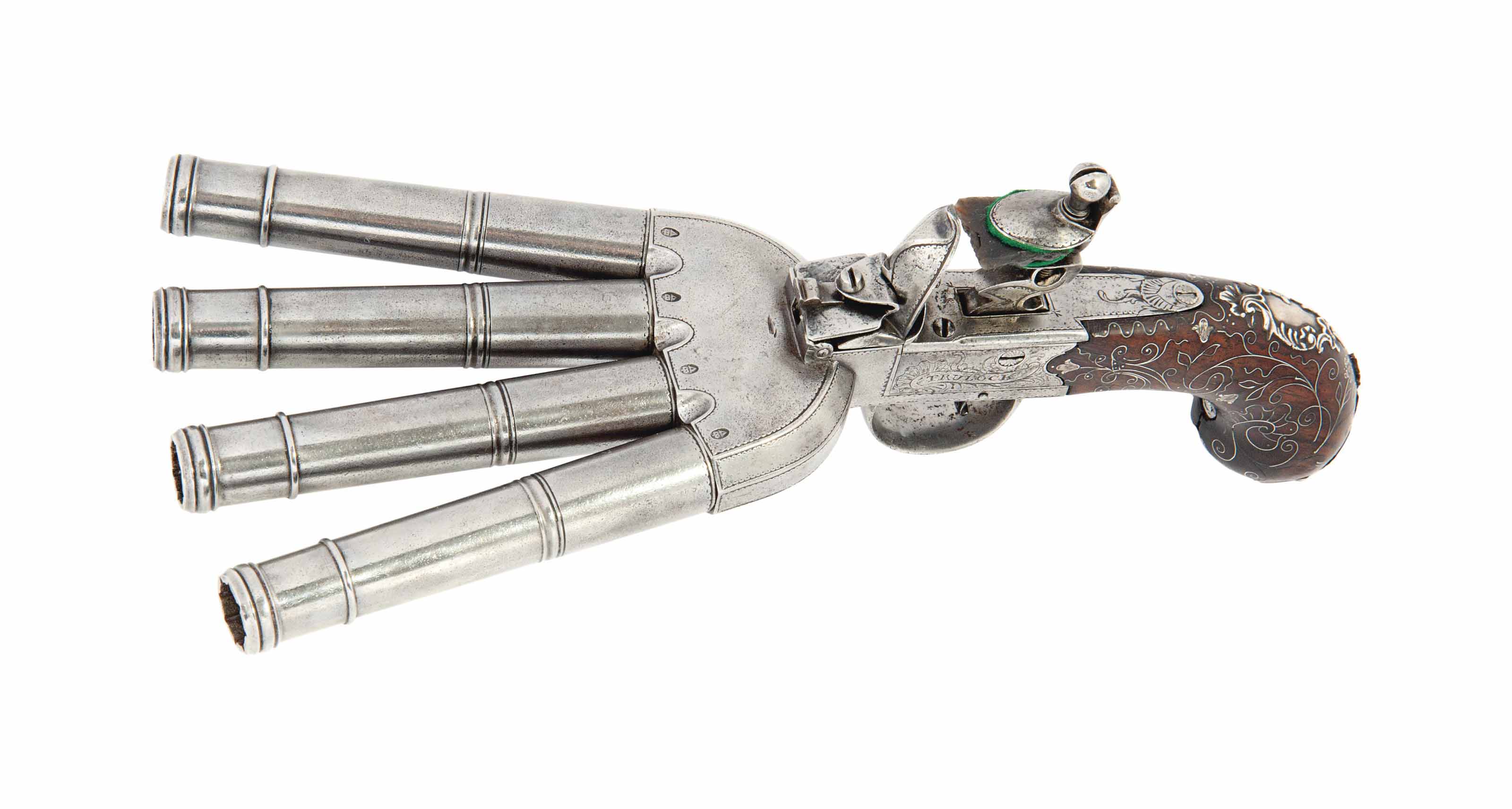A RARE IRISH 28-BORE SILVER-MOUNTED FLINTLOCK BOXLOCK 'DUCK'S FOOT' PISTOL