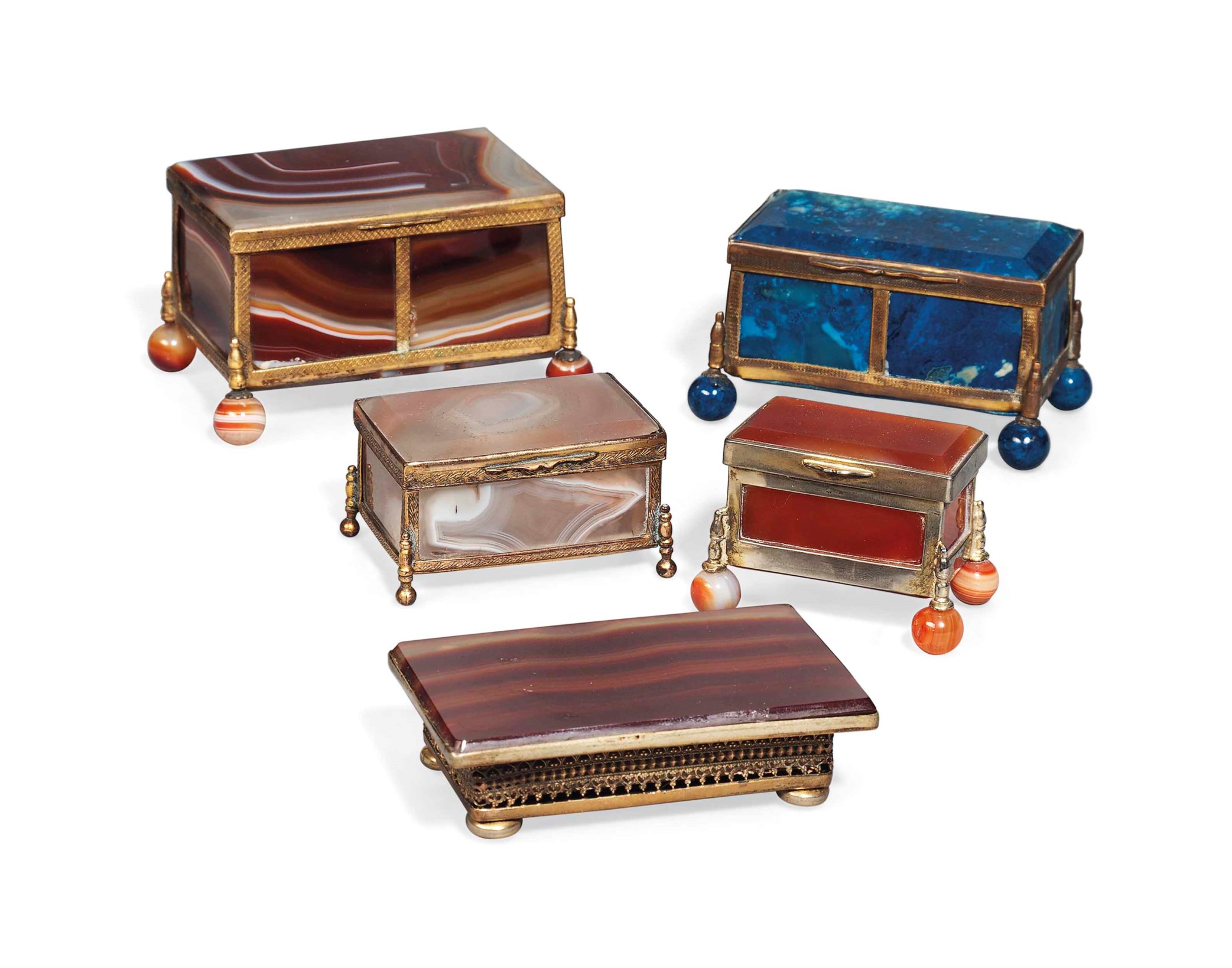 A GROUP OF FIVE GILT-BRASS MOUNTED AGATE BOXES , PROBABLY GERMAN, MID ...