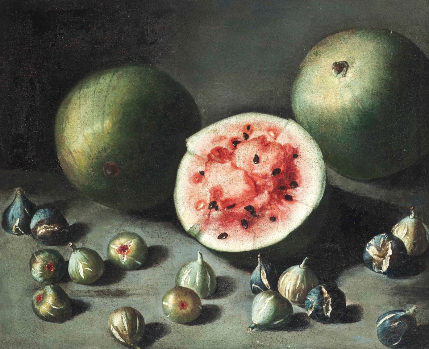 Neapolitan School, 17th century , Watermelons and figs on a stone ledge ...
