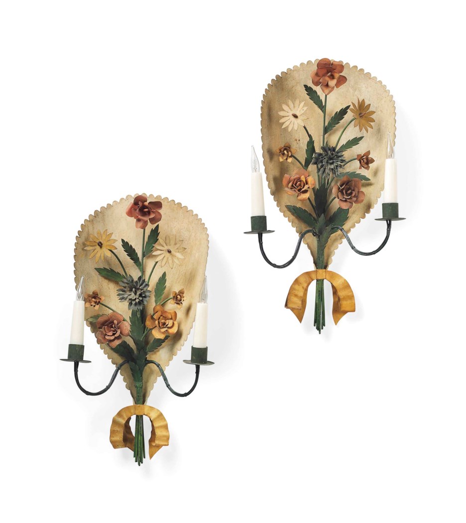 A PAIR OF FRENCH TOLE-PEINTE TWO-LIGHT WALL-LIGHTS