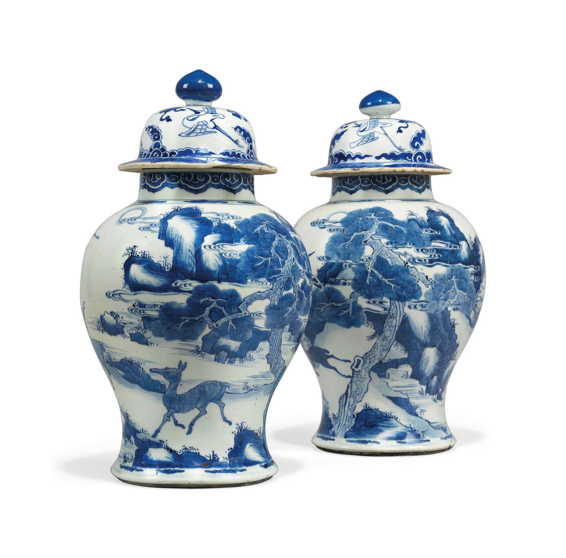 A PAIR OF CHINESE BLUE AND WHITE BALUSTER VASES AND TWO COVERS , THE ...