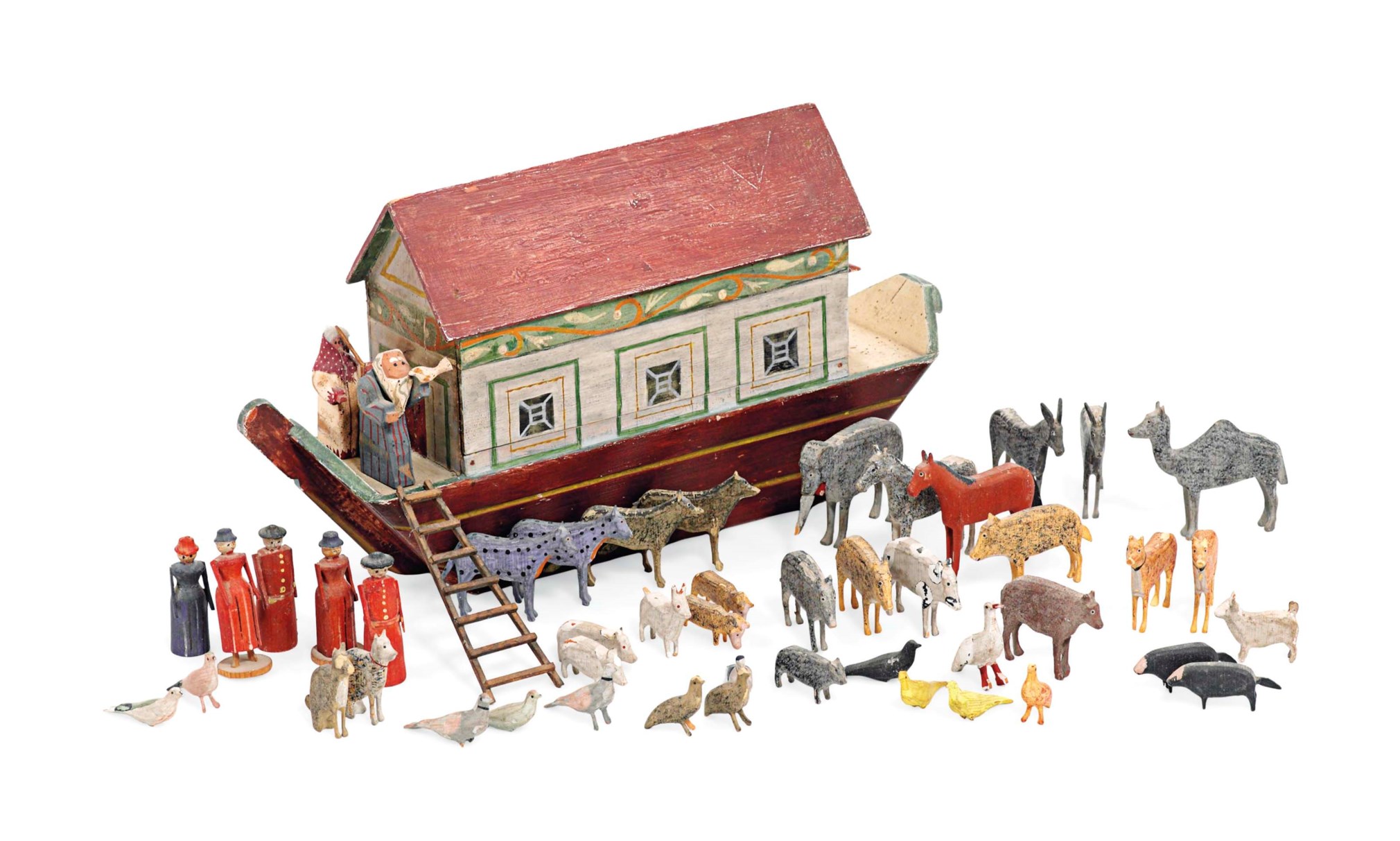 A GERMAN PAINTED WOOD NOAH'S ARK WITH A LARGE COLLECTION OF ANIMALS ...