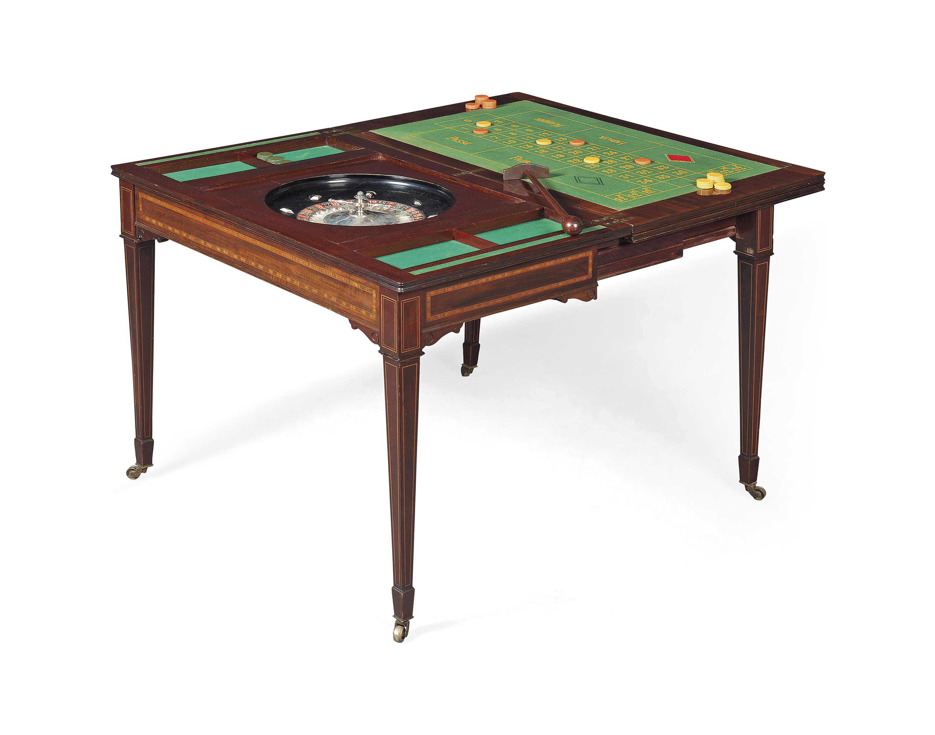 AN EDWARDIAN MAHOGANY AND SATINWOOD BANDED ROULETTE TABLE