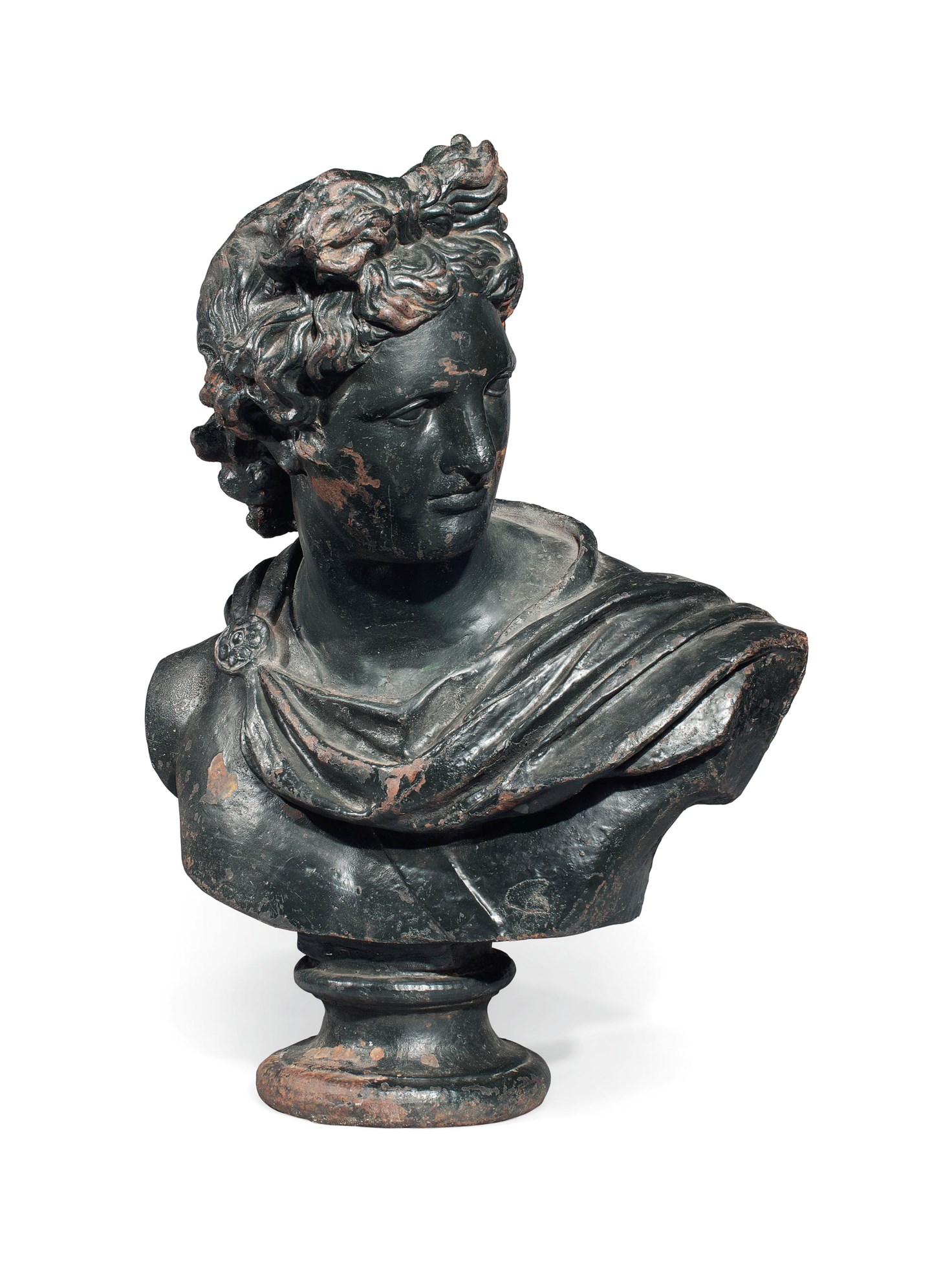 A GREEN-PAINTED CAST-IRON BUST OF THE APOLLO BELVEDERE