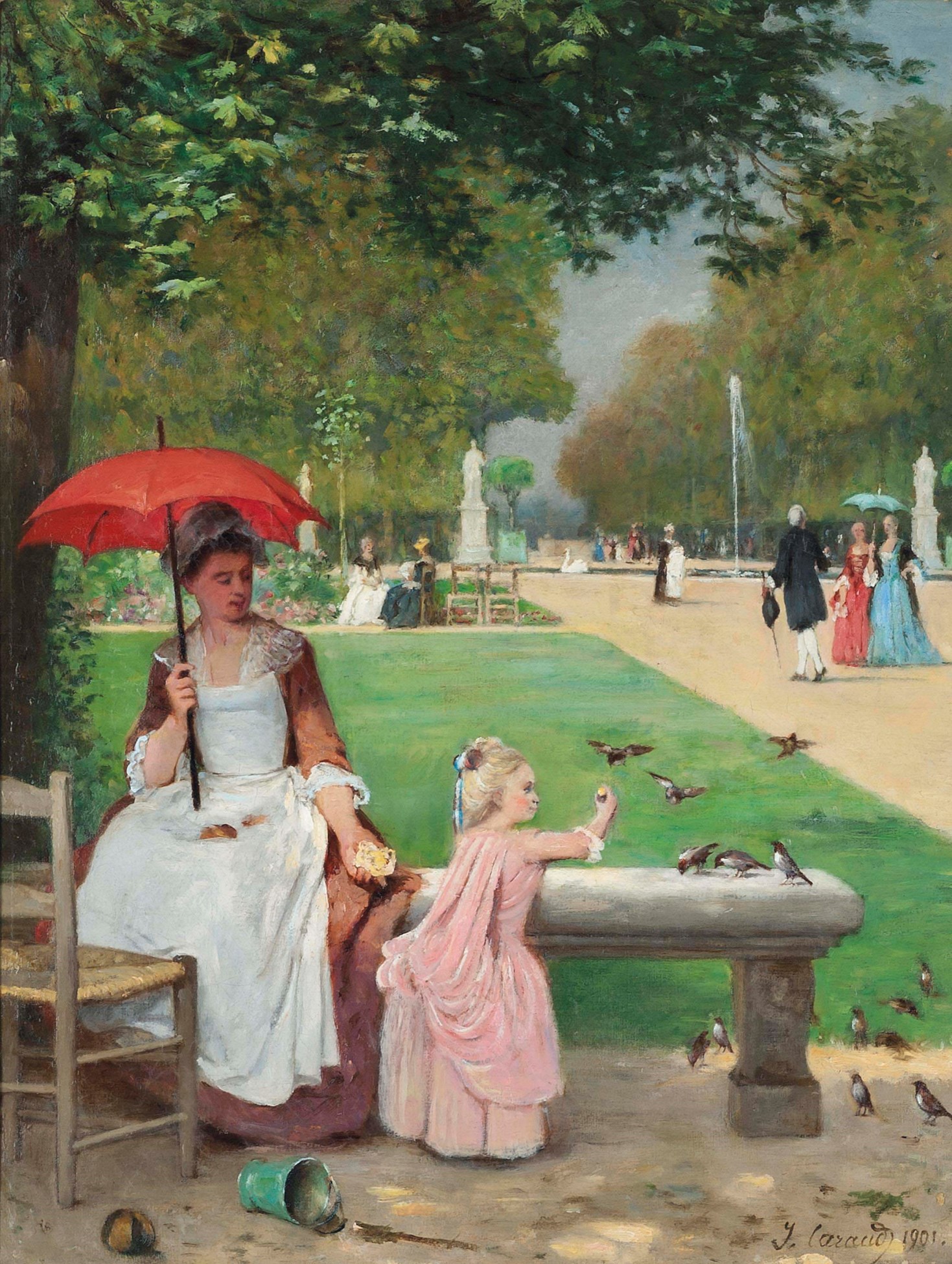 Joseph Caraud (French, 1821-1905) , Feeding the birds at the Tuilleries ...