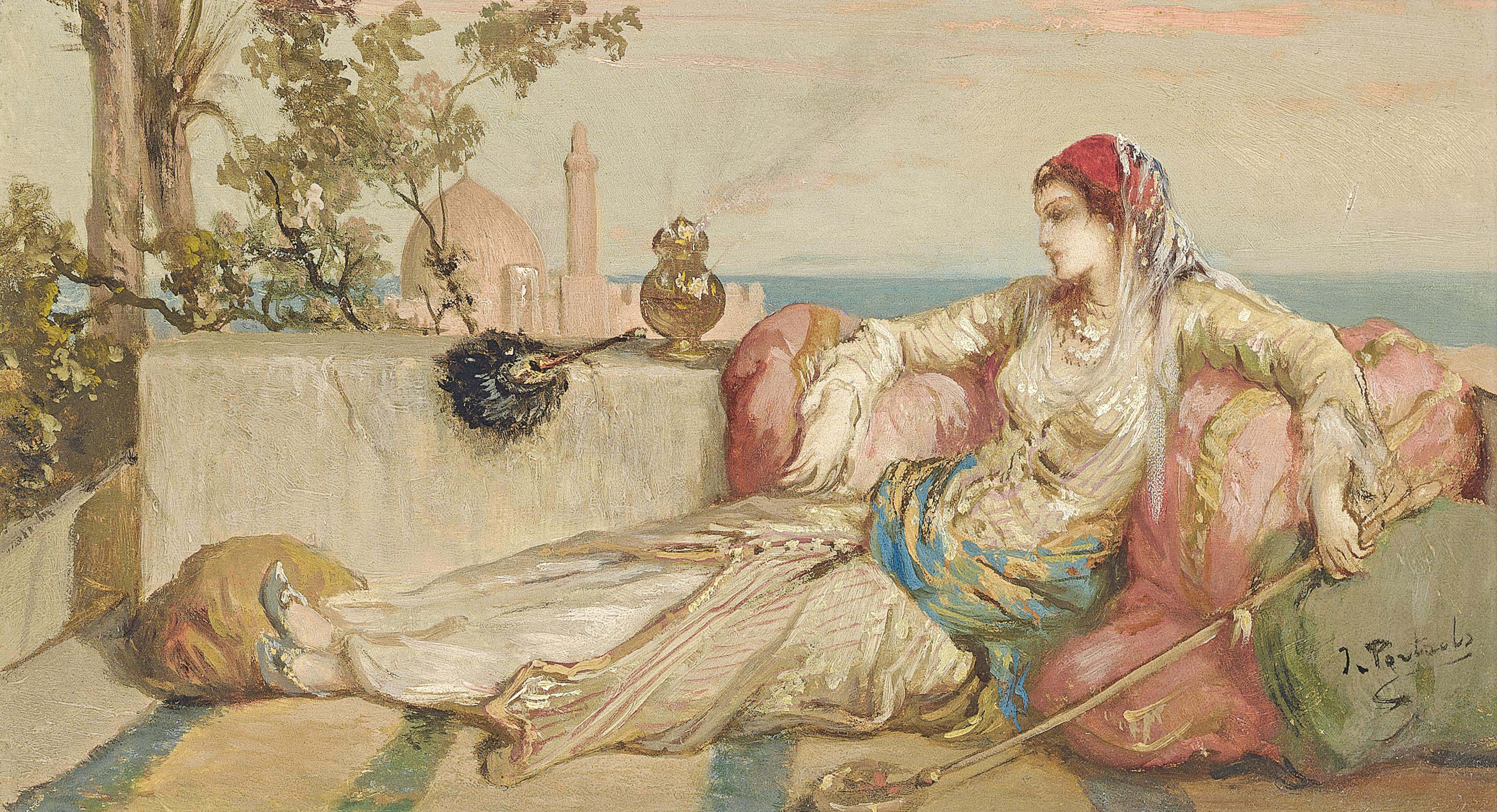 Jean-Francois Portaels (Belgian, 1818-1895) , An odalisque on the ...