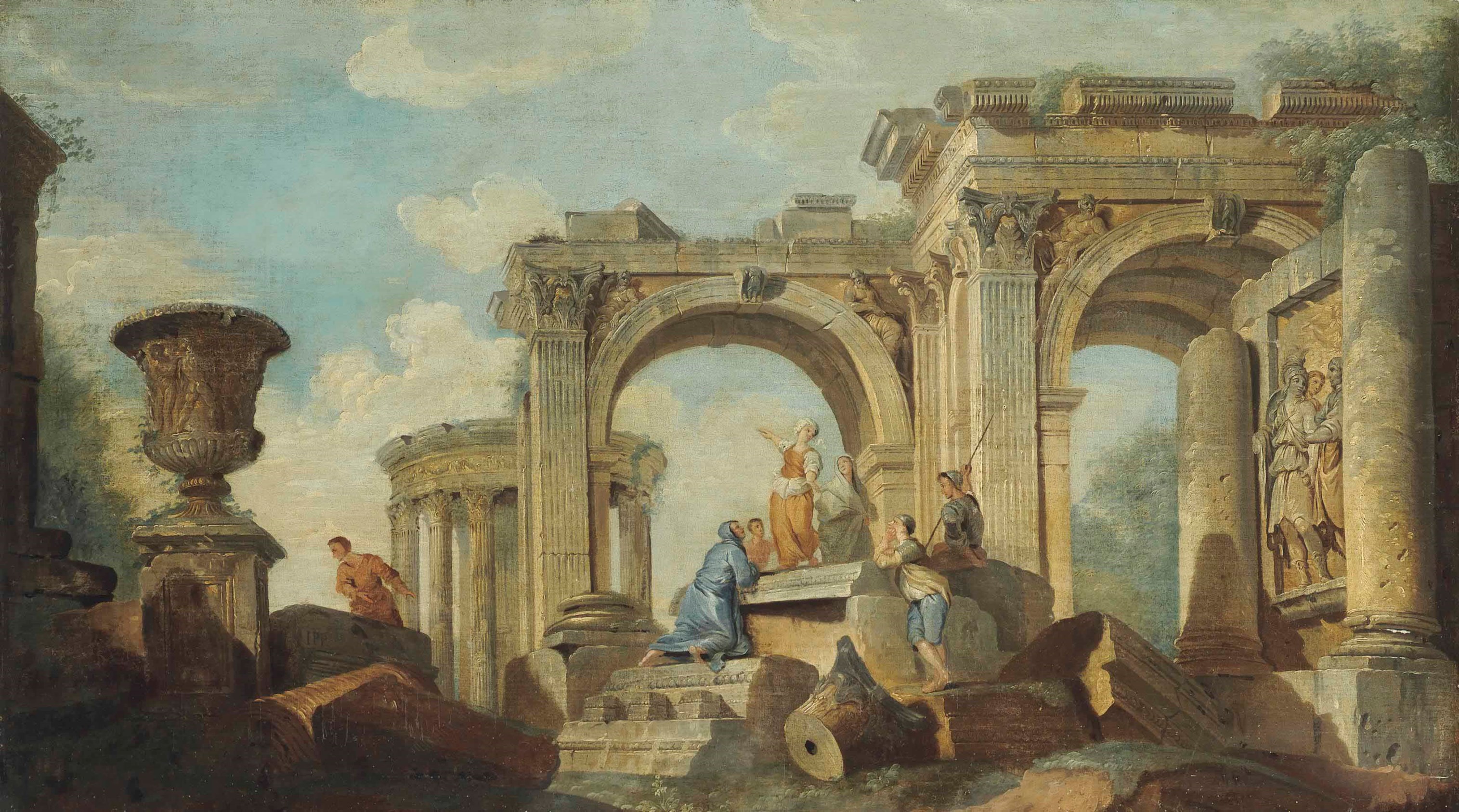 Follower of Giovanni Paolo Panini , A capriccio of classical ruins ...
