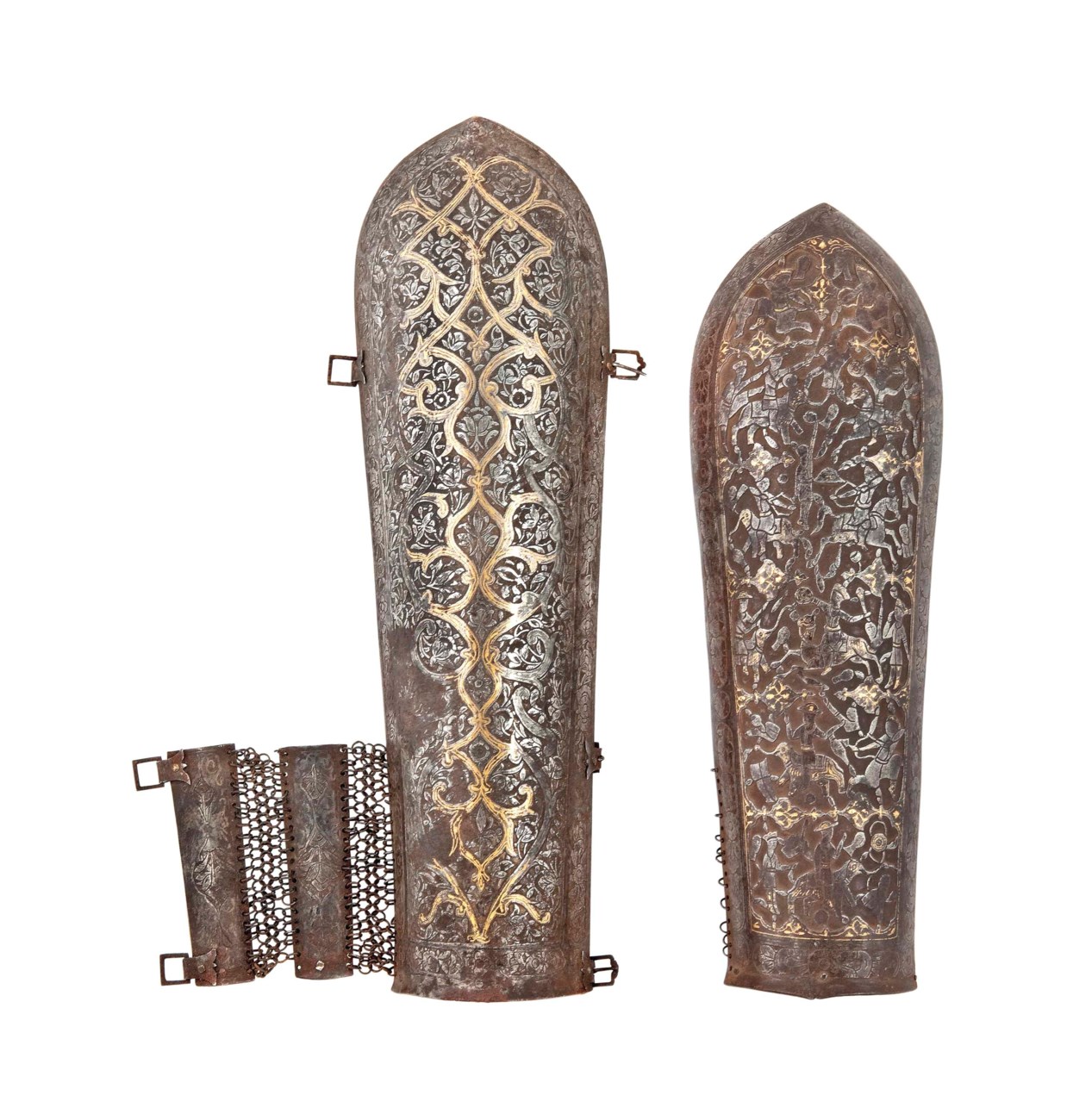 TWO GOLD-DAMASCENED STEEL ARMGUARDS (BAZUBANDS) , QAJAR IRAN, 19TH ...