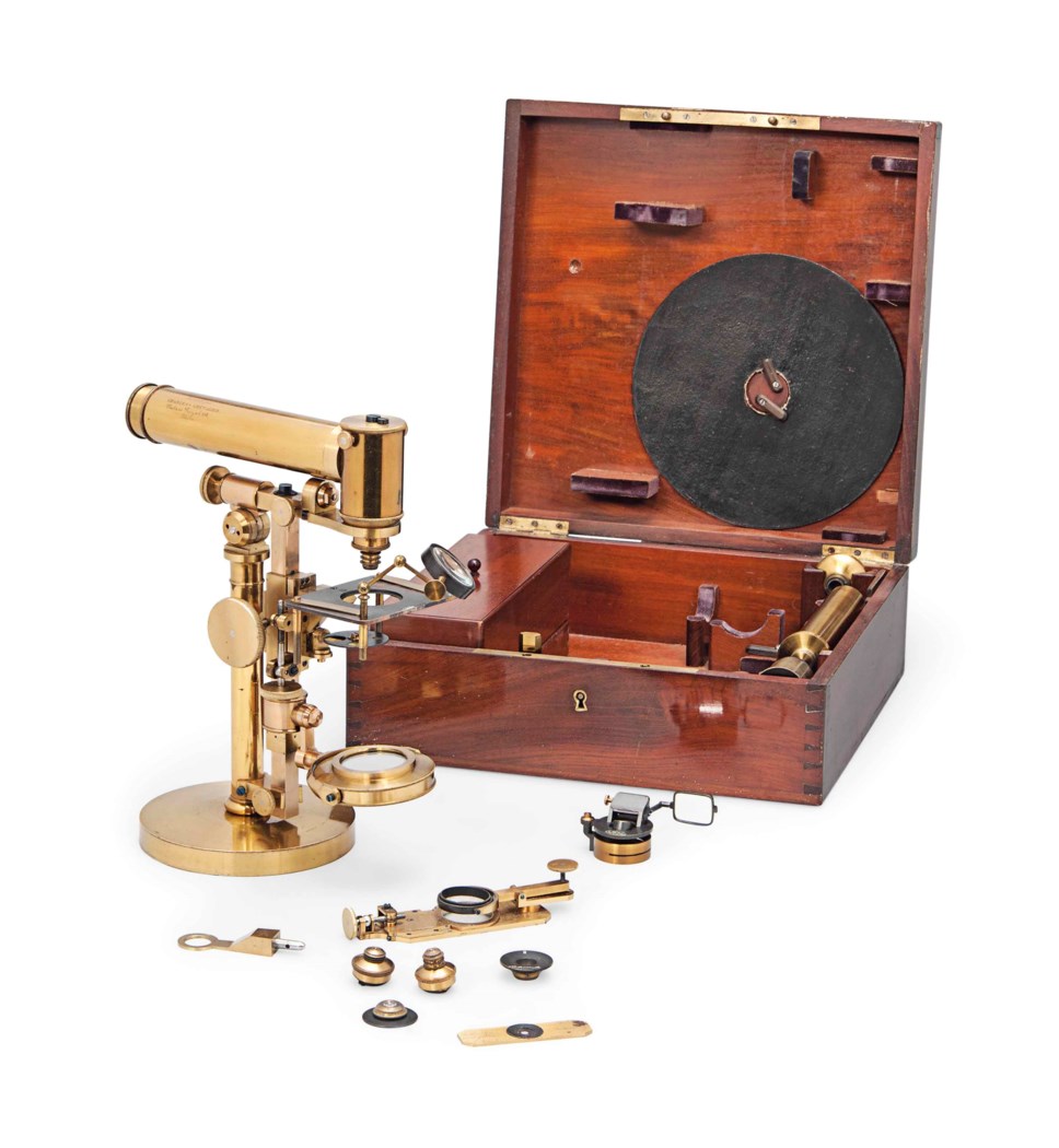 A LACQUERED BRASS HORIZONTAL MICROSCOPE , CHARLES CHEVALIER, MID 19TH ...