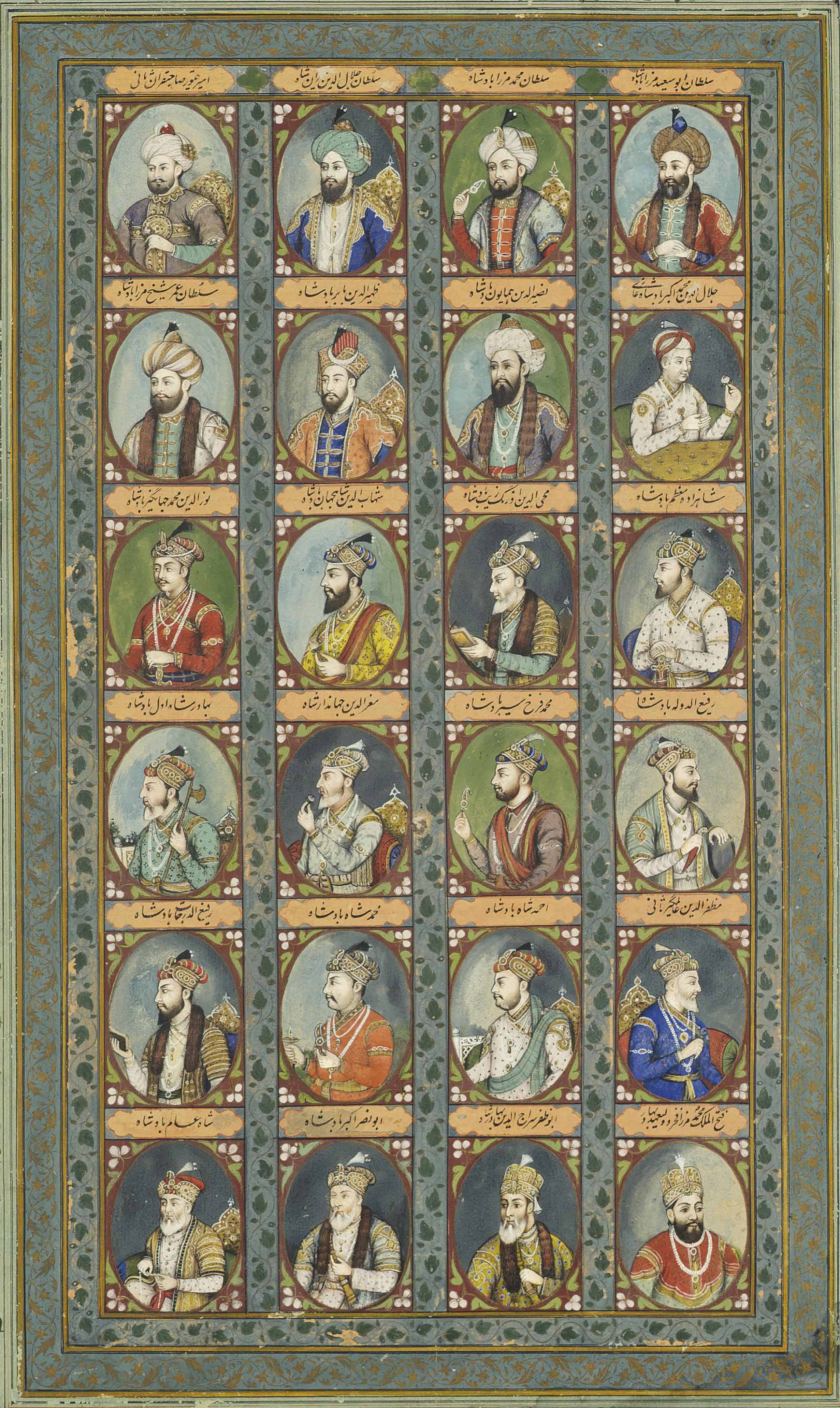THE MUGHAL DYNASTY: A LARGE ILLUSTRATION OF TWENTY-FOUR MUGHAL EMPERORS ...