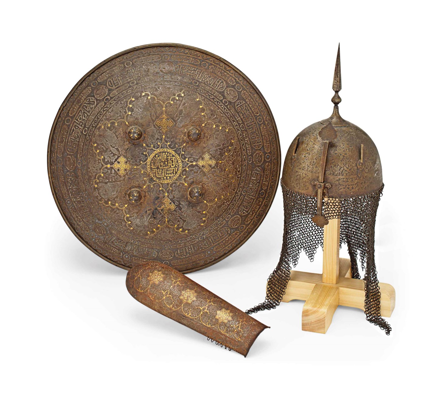 A QAJAR GOLD-DAMASCENED HELMET, SHIELD AND BAZUBAND , IRAN, 19TH ...