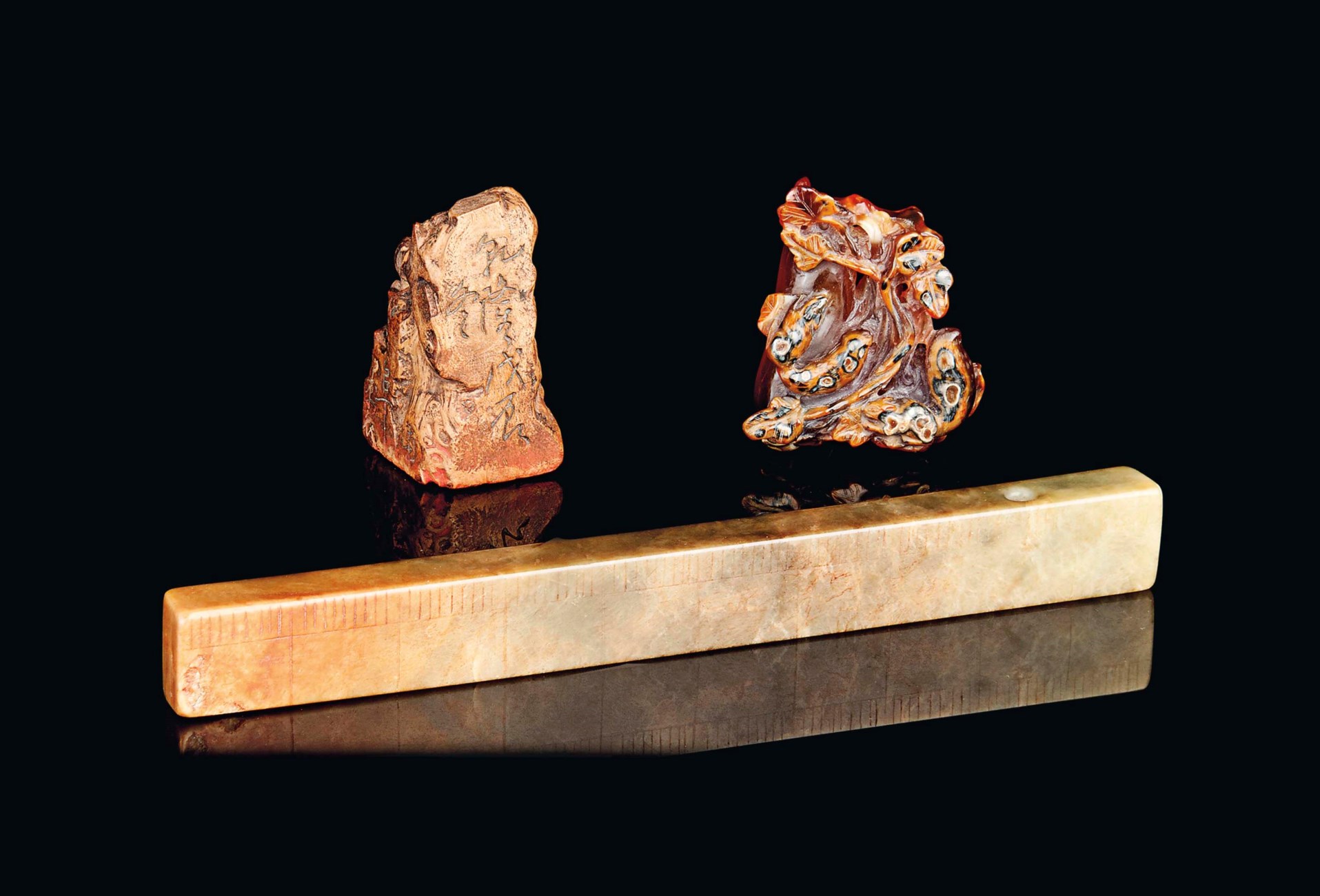 A JADE RULER, AN AGATE CARVING AND A WOOD SEAL, QIANLONG PERIOD (1736 ...