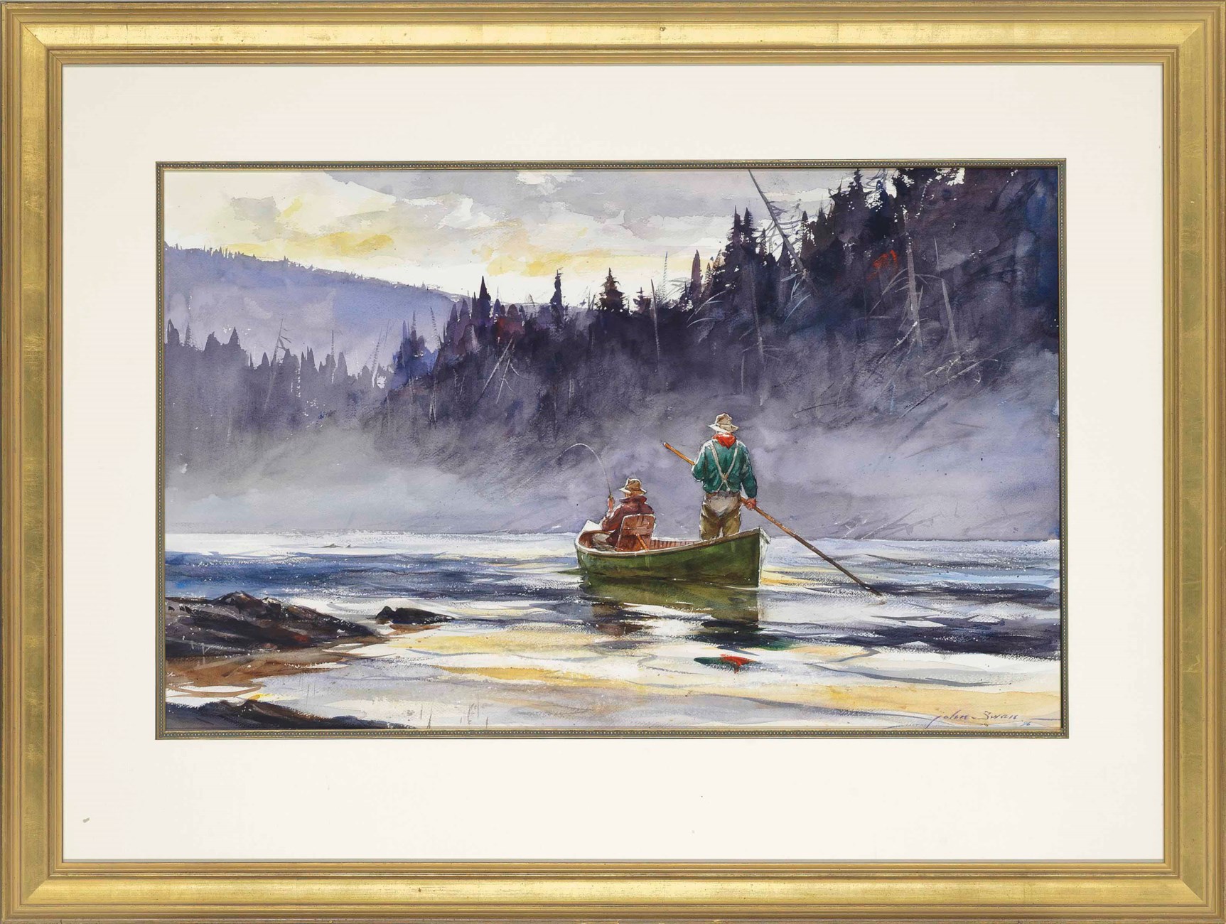 John Swan (American, b.1948), Fisherman on a lake | Christie's