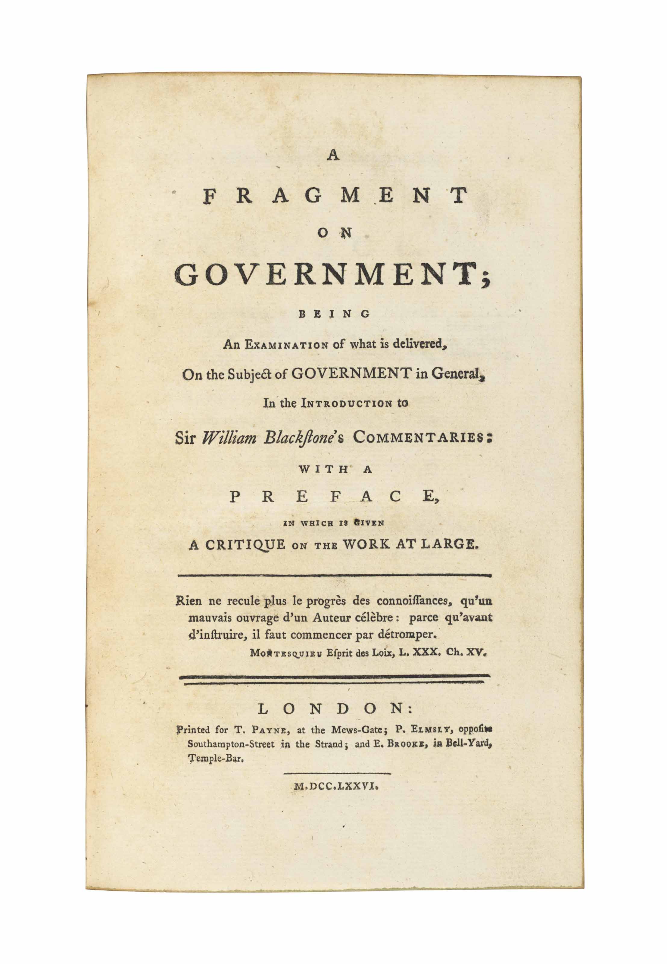 [BENTHAM, Jeremy (1748-1832).] A Fragment on Government; being an ...