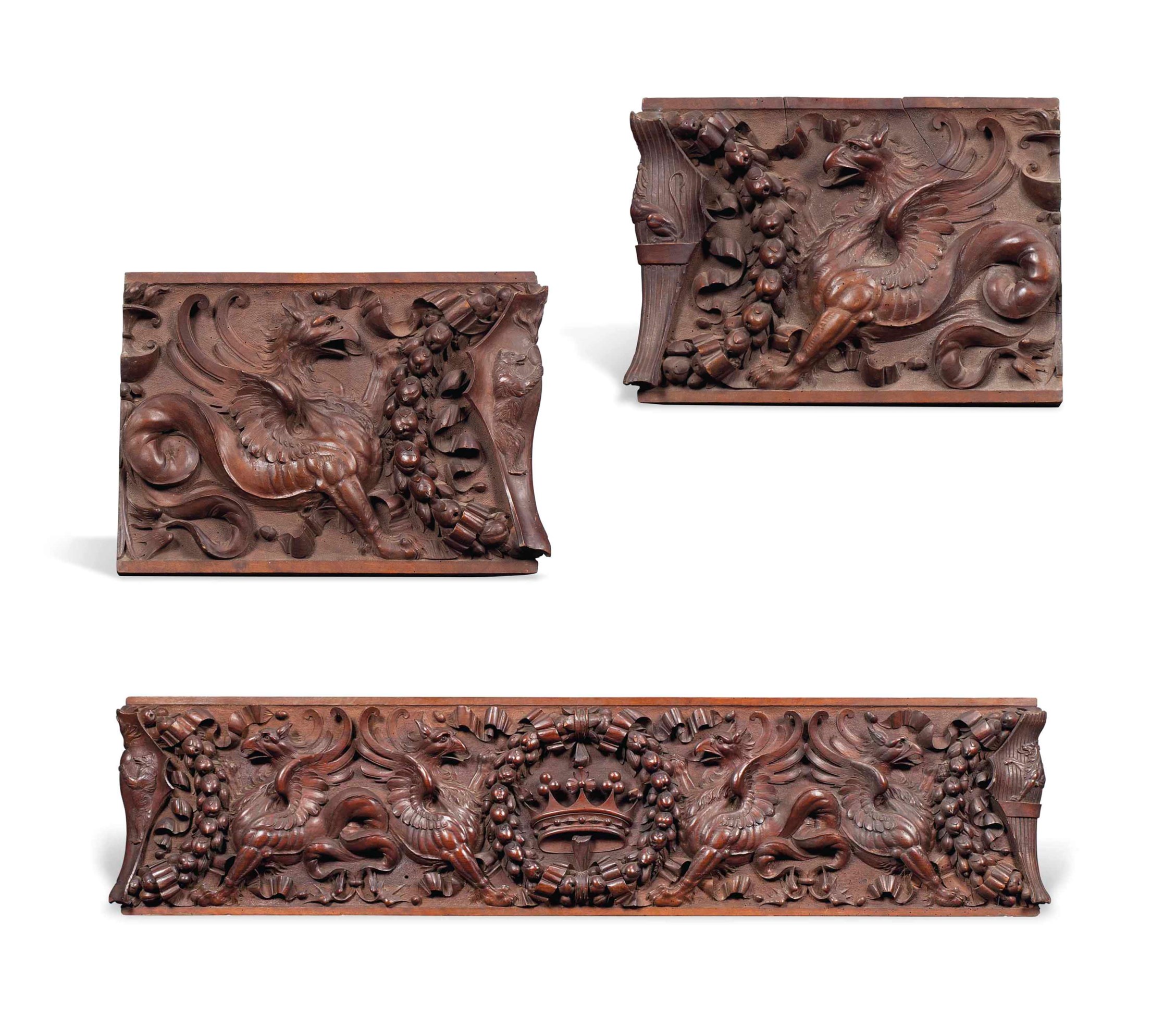 AN ITALIAN CARVED WALNUT ARCHITECTURAL FRIEZE IN THREE SECTIONS, MID ...