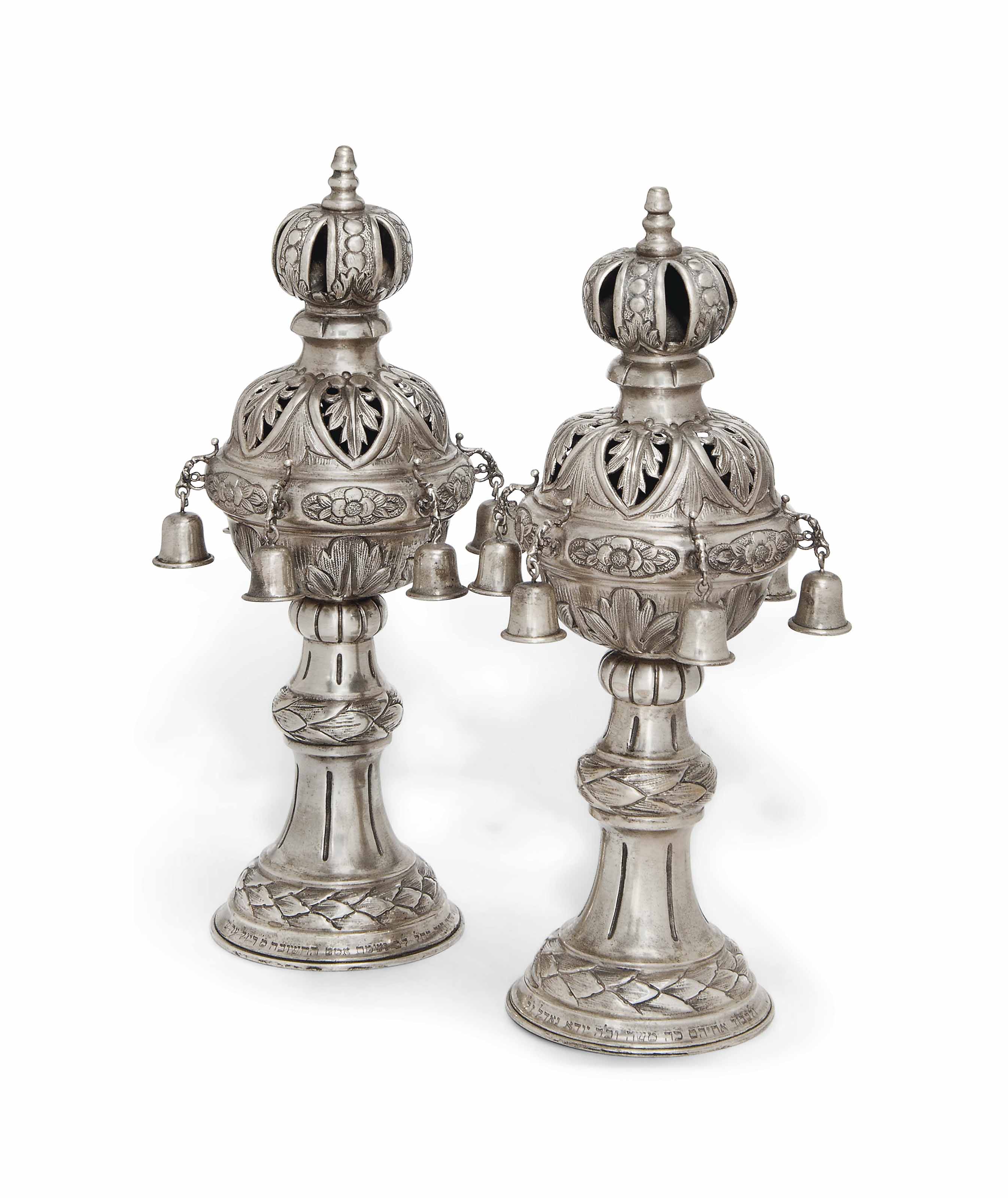 JUDAICA:- A PAIR OF AUSTRIAN SILVER TORAH FINIALS, RIMONIM
