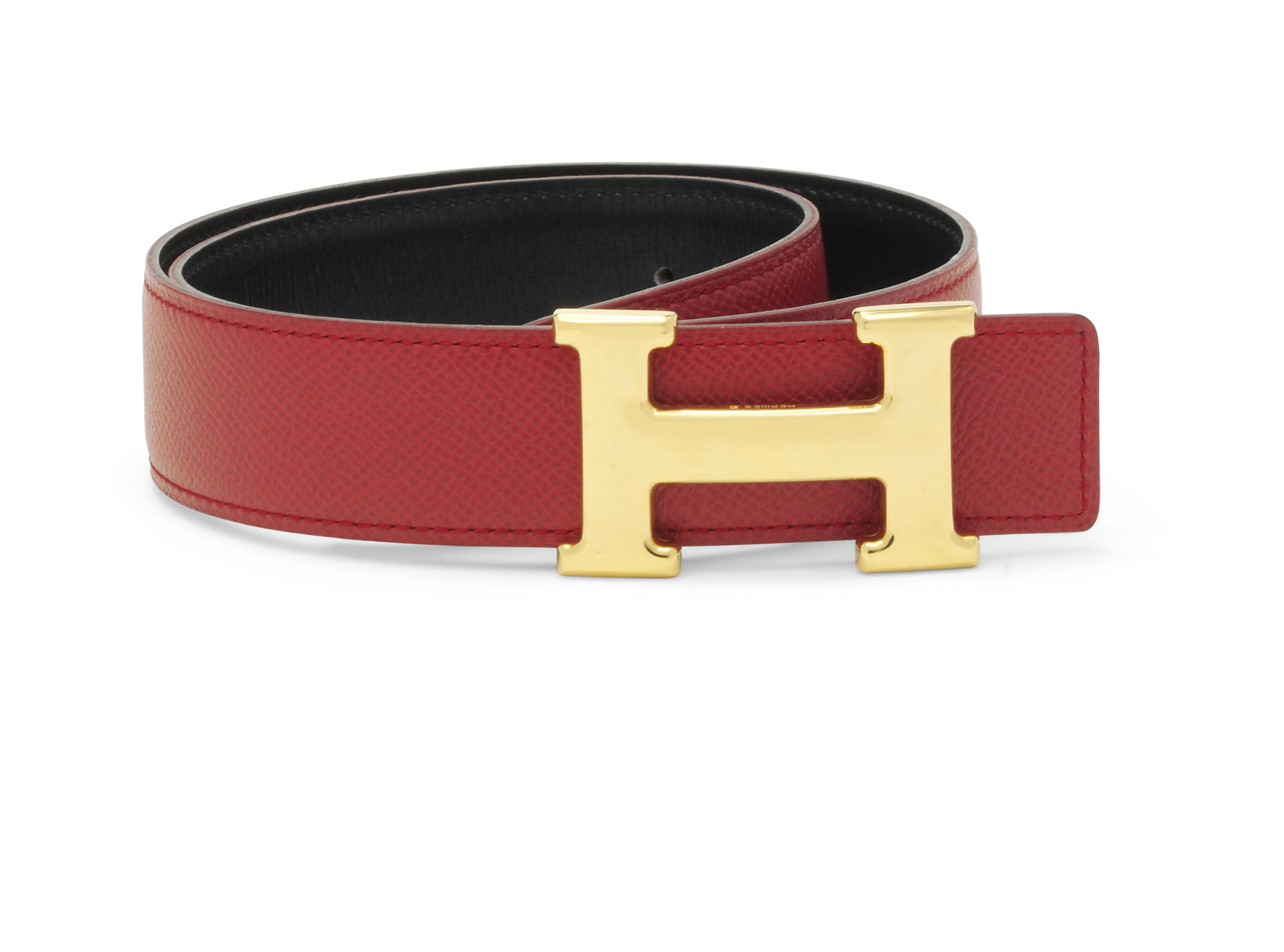 A REVERSIBLE RED EPSOM AND BLACK LEATHER H BELT AND A BLACK LEATHER H ...