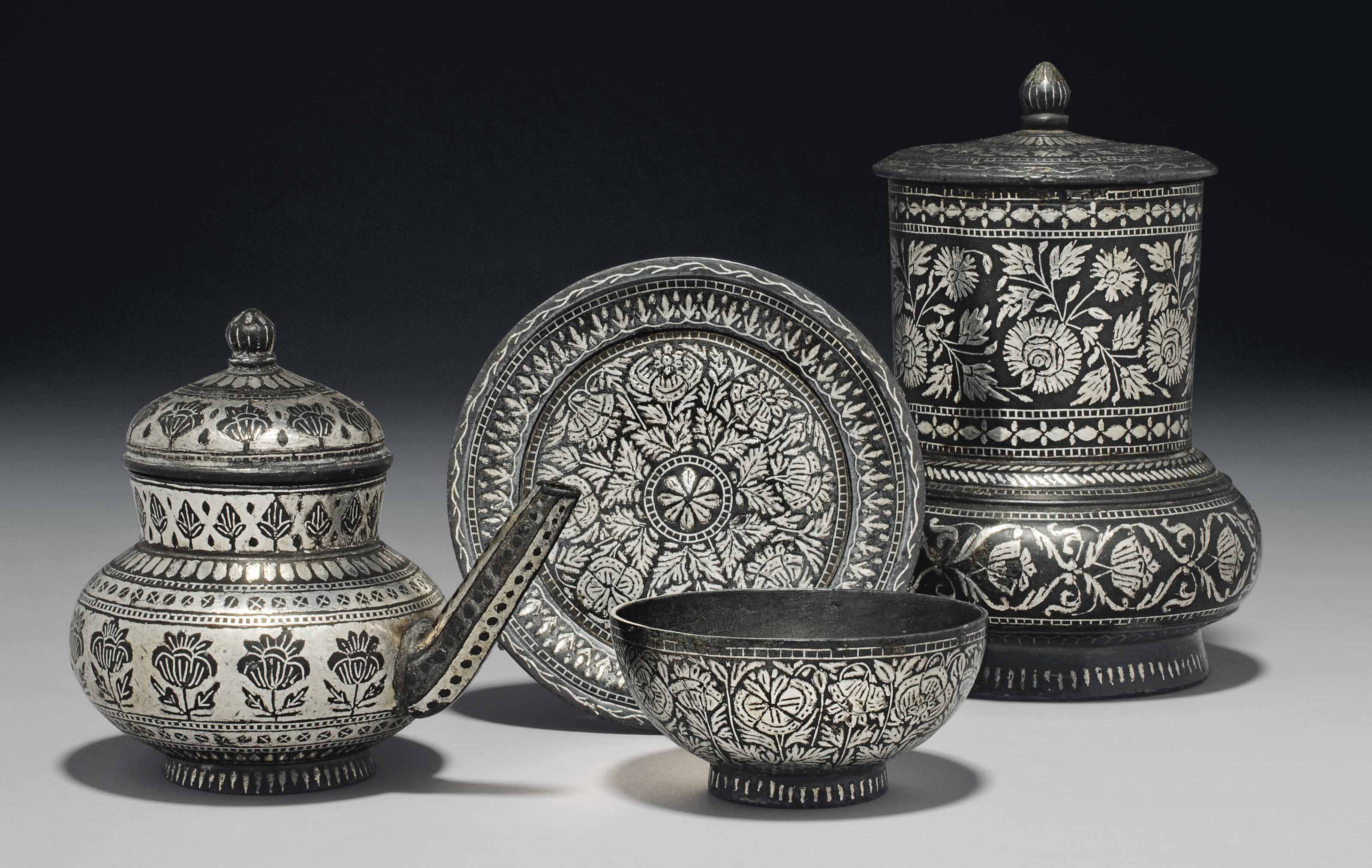 FOUR SILVER-INLAID BIDRI VESSELS , BIDAR, DECCAN, 19TH CENTURY | Christie's