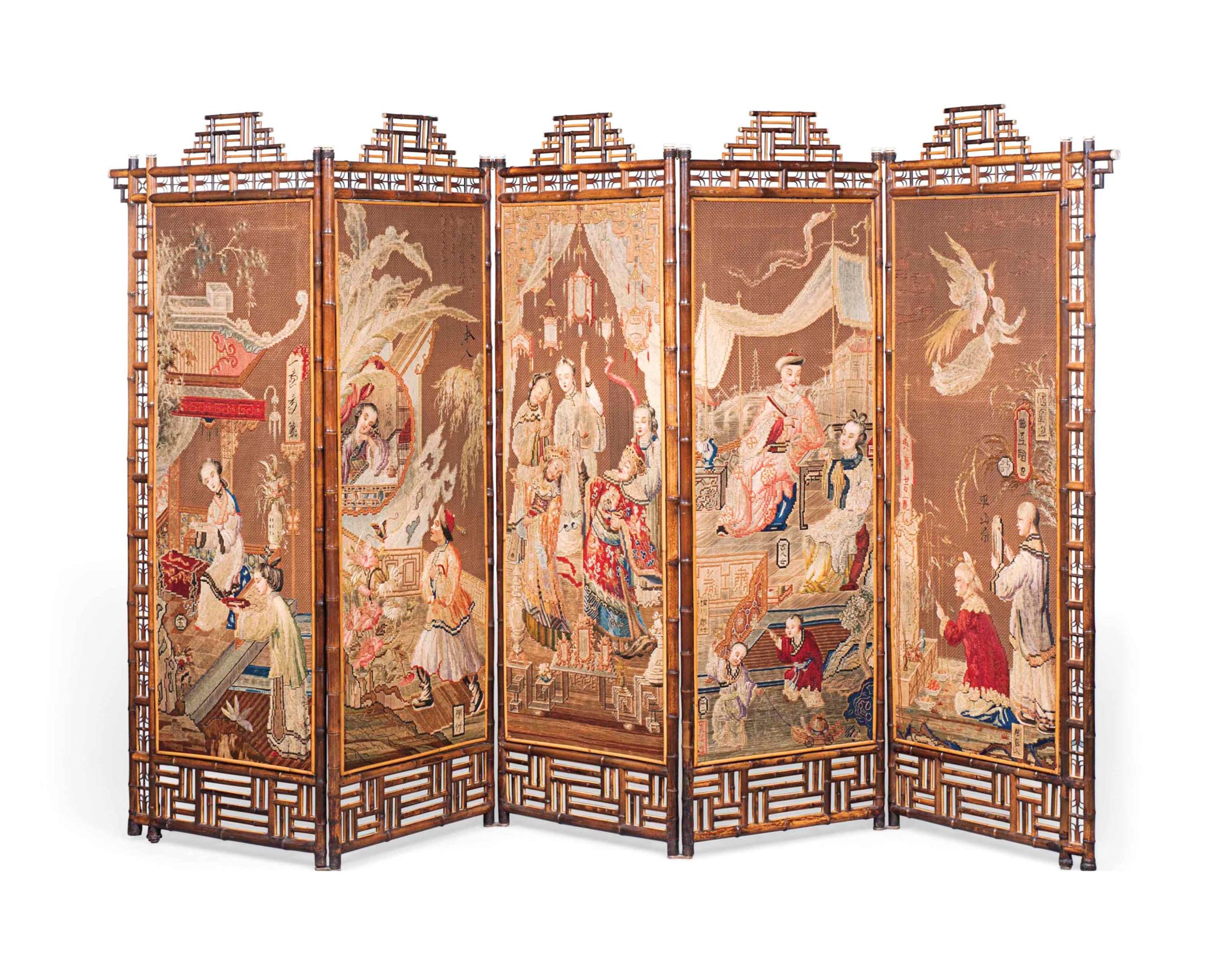 A FRENCH FIVE-FOLD EMBROIDERED SCREEN WITH BAMBOO STYLE FRAME WITH BONE ...