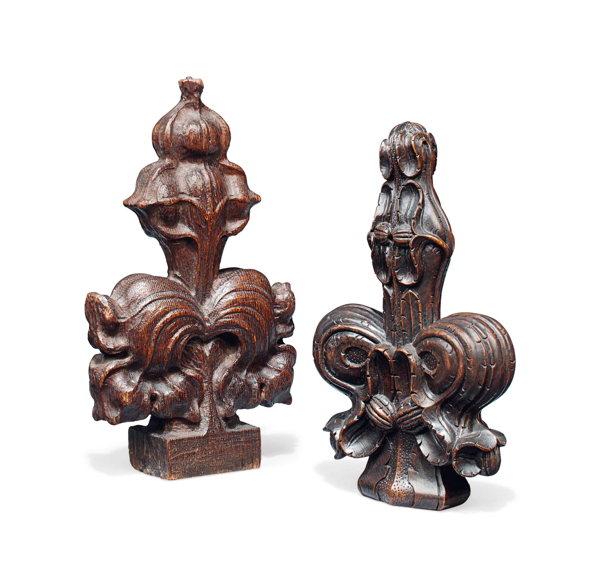 TWO ENGLISH CARVED OAK POPPY-HEAD PEW-FINIALS , ONE 16TH CENTURY AND ...
