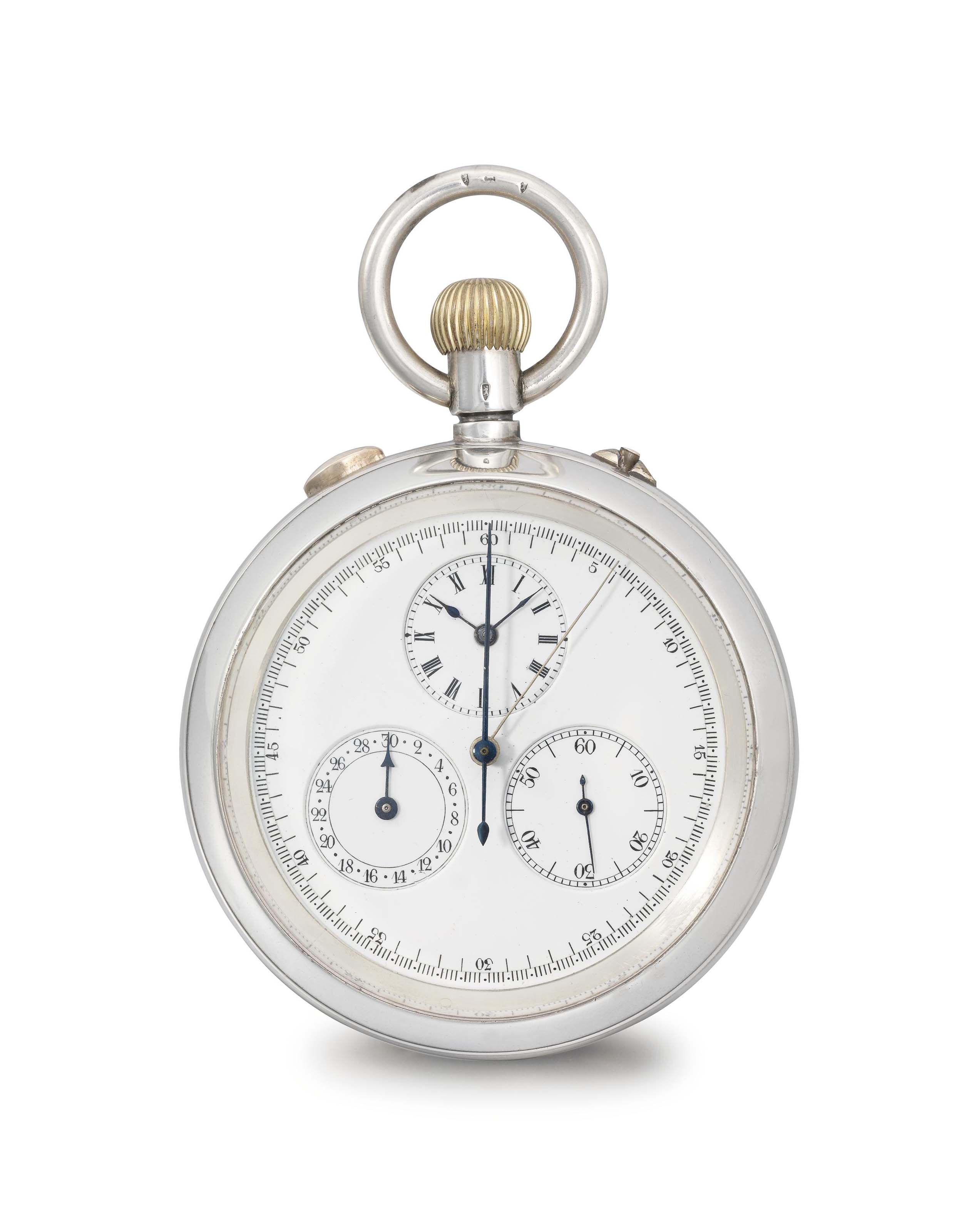 Swiss. A silver openface split seconds chronograph keyless lever watch ...